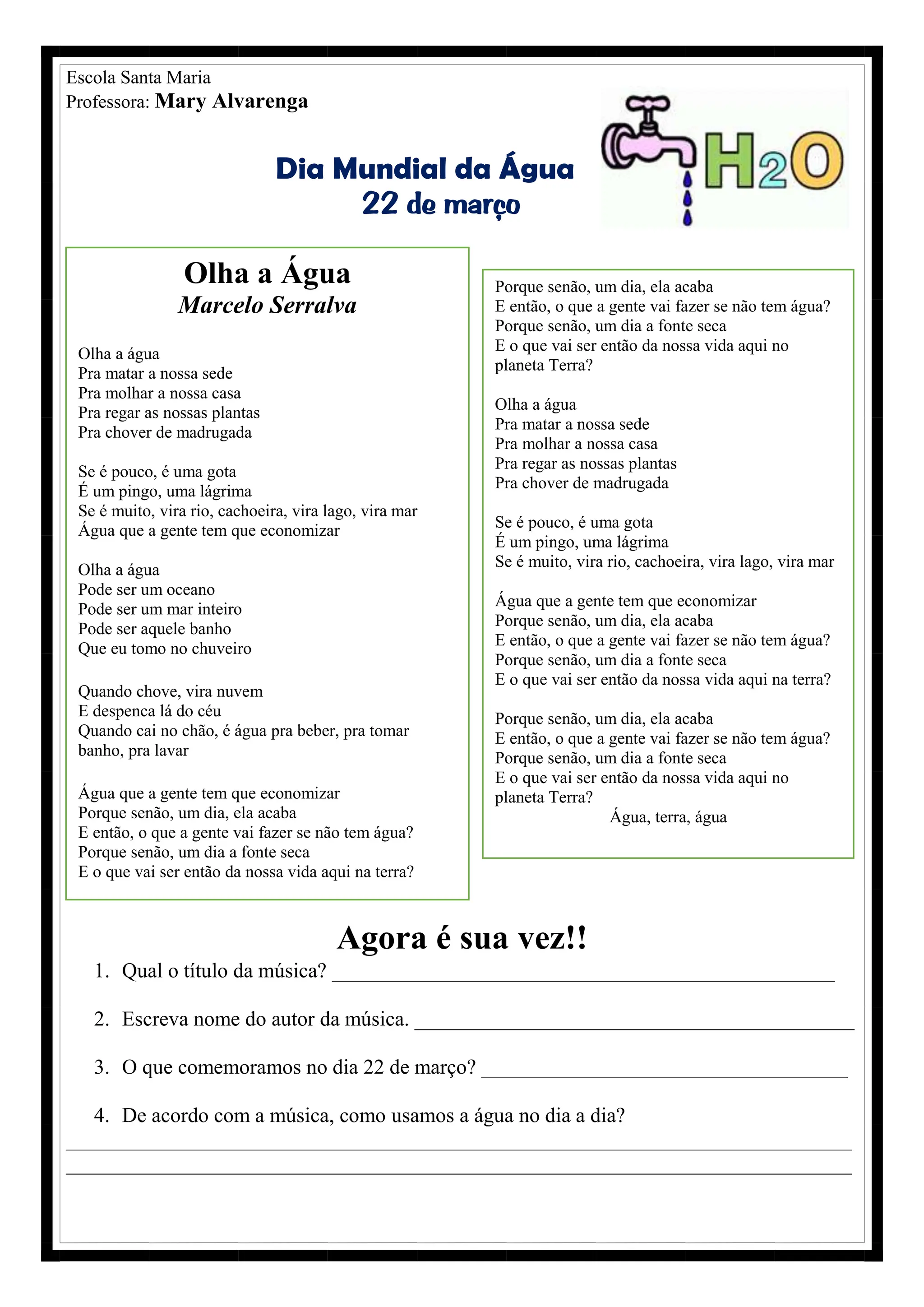 Dia Mundial da Água - Atividade com a letra da música - Olha a Água | PDF