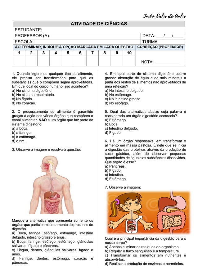 ATIVIDADE DE CIÊNCIAS - SISTEMA DIGESTÓRIO - 4º ANO E 5º ANO - COM GABARITO.pdf