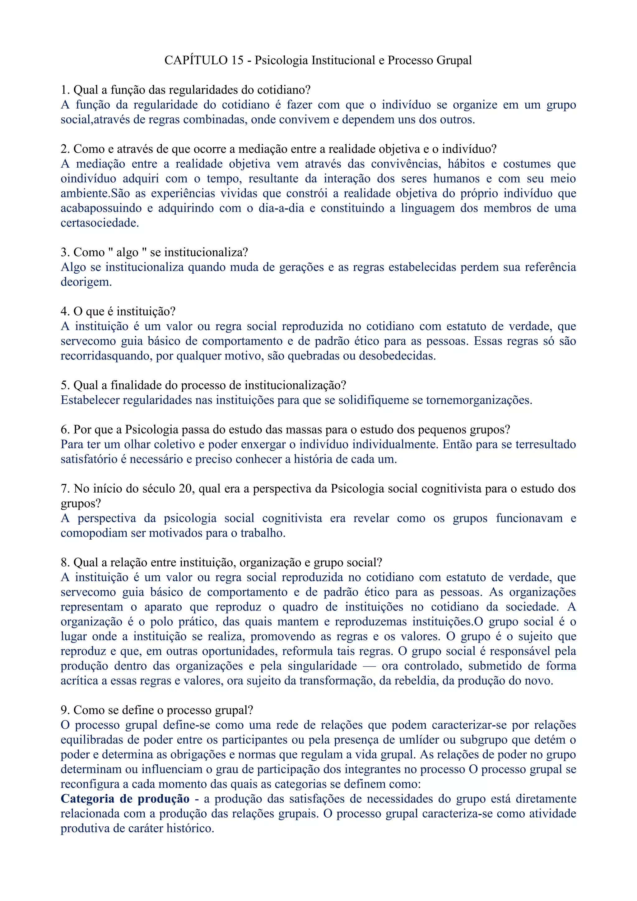 Atividade psicologia institucional e processo grupal cap 15 | DOCX