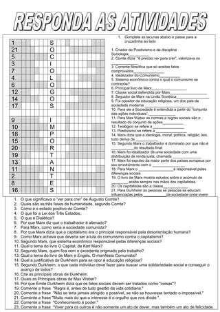 Atividades comte, marx, weber, durkheim | DOC