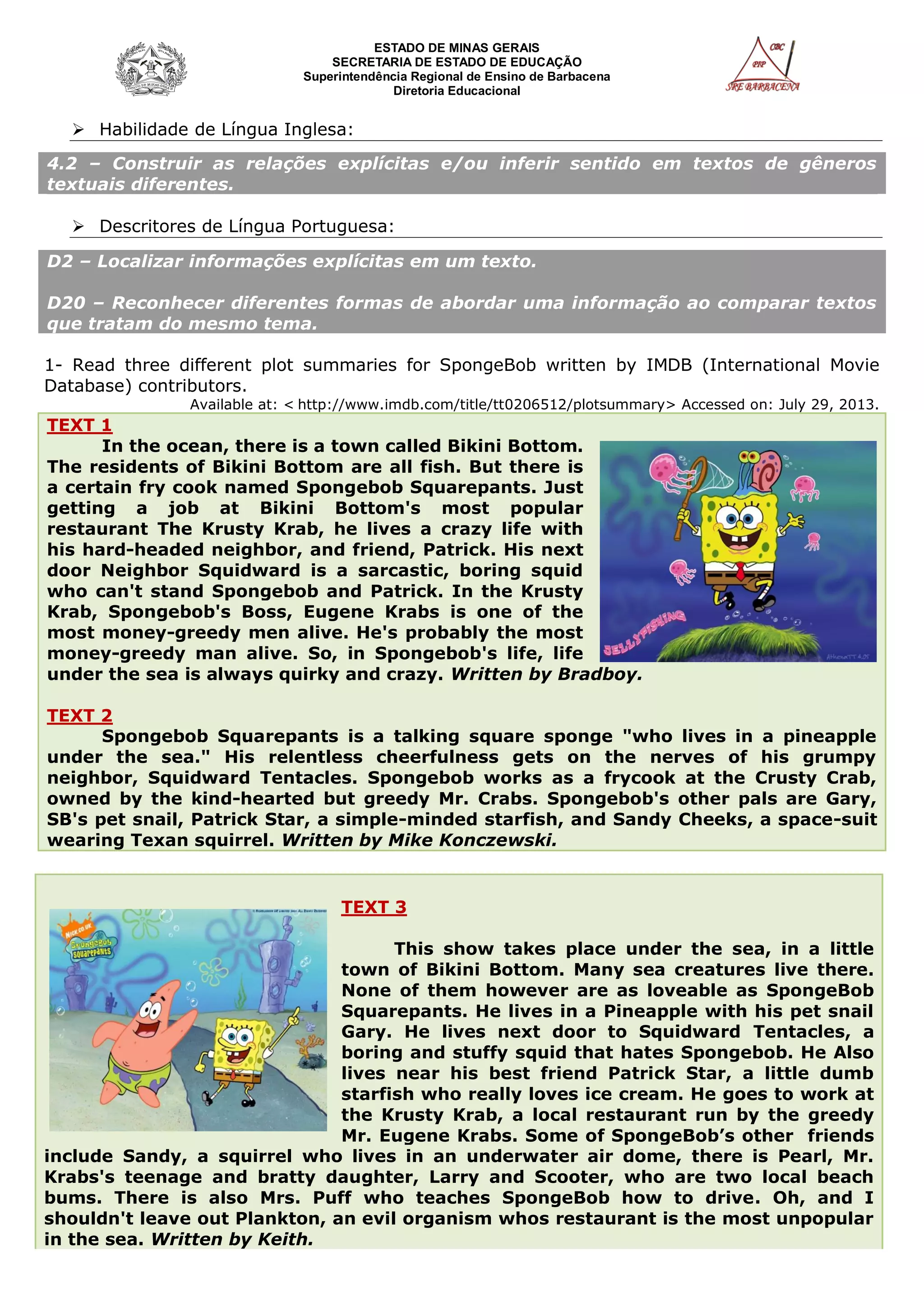 Atividades de inglês (interfaces Língua Portuguesa e Matemática) | PDF