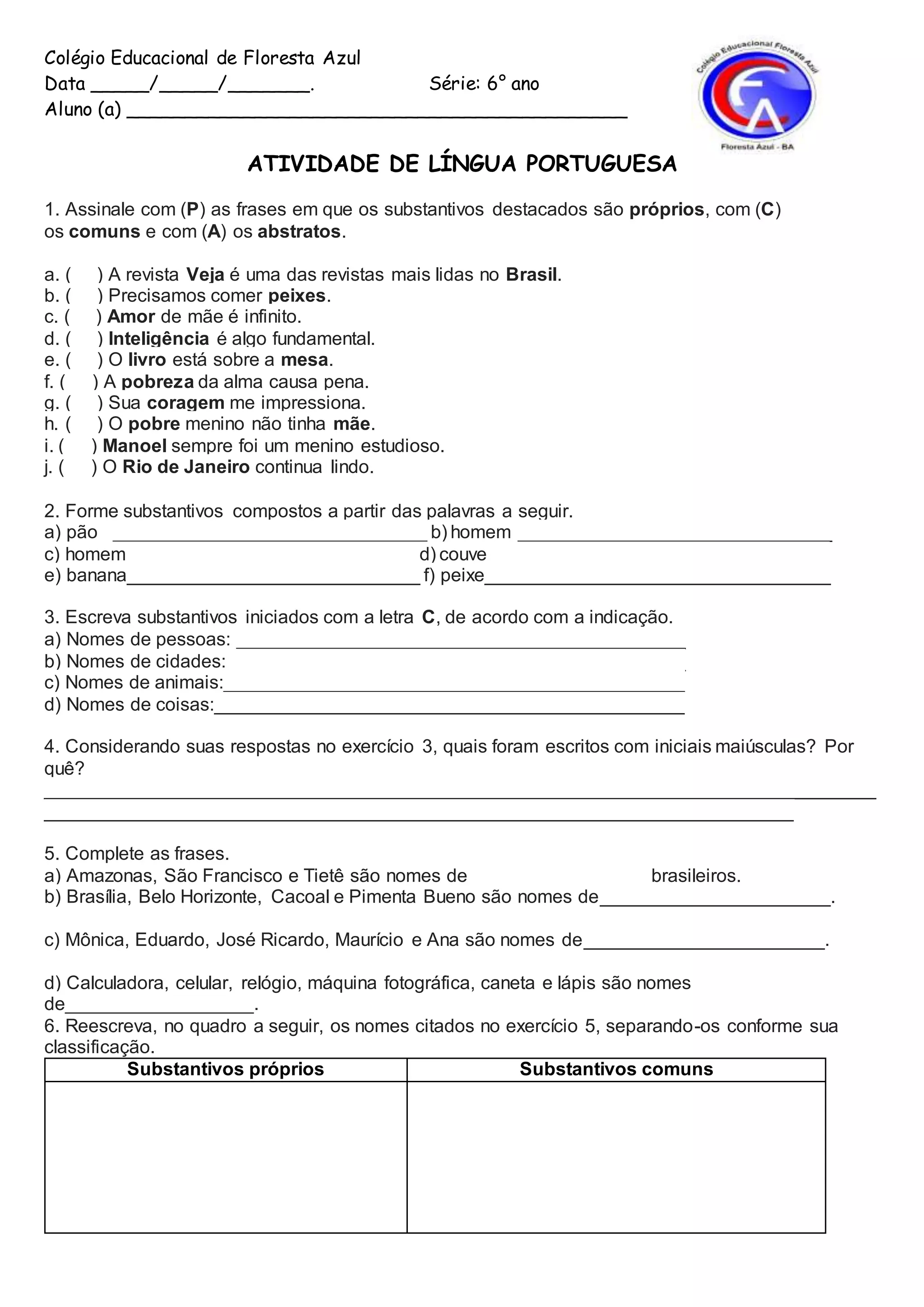 Atividade Substantivos 6 Ano - BINKEDU