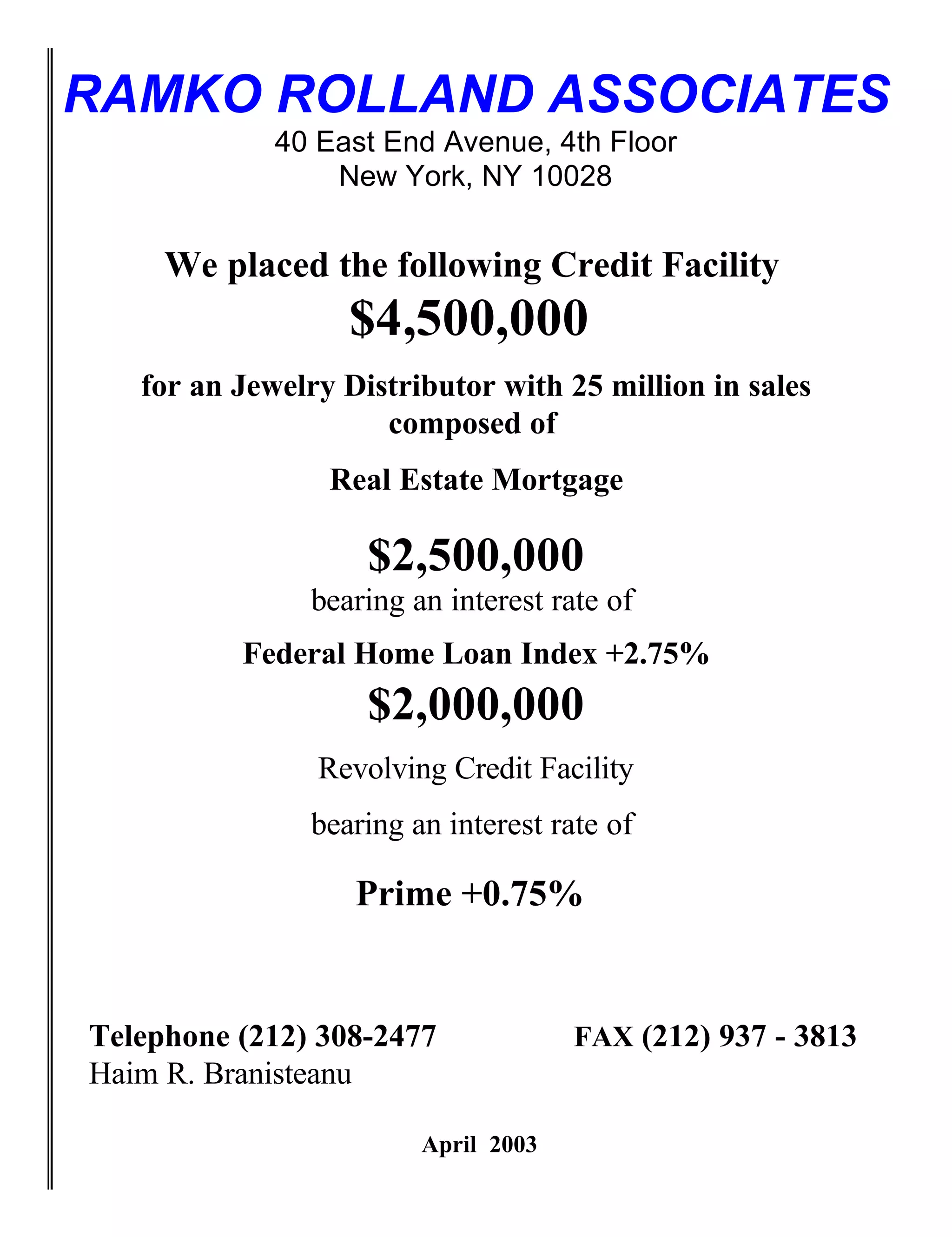 Re-organizing and financing a small Jewelry distributor | PDF