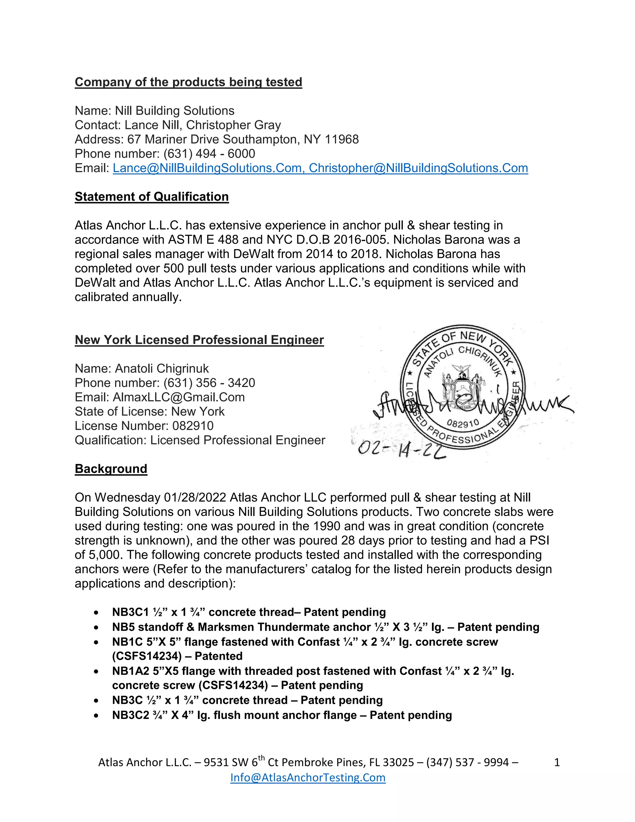 Nill Building Solutions - Atlas Anchor - Concrete Testing | PDF ...