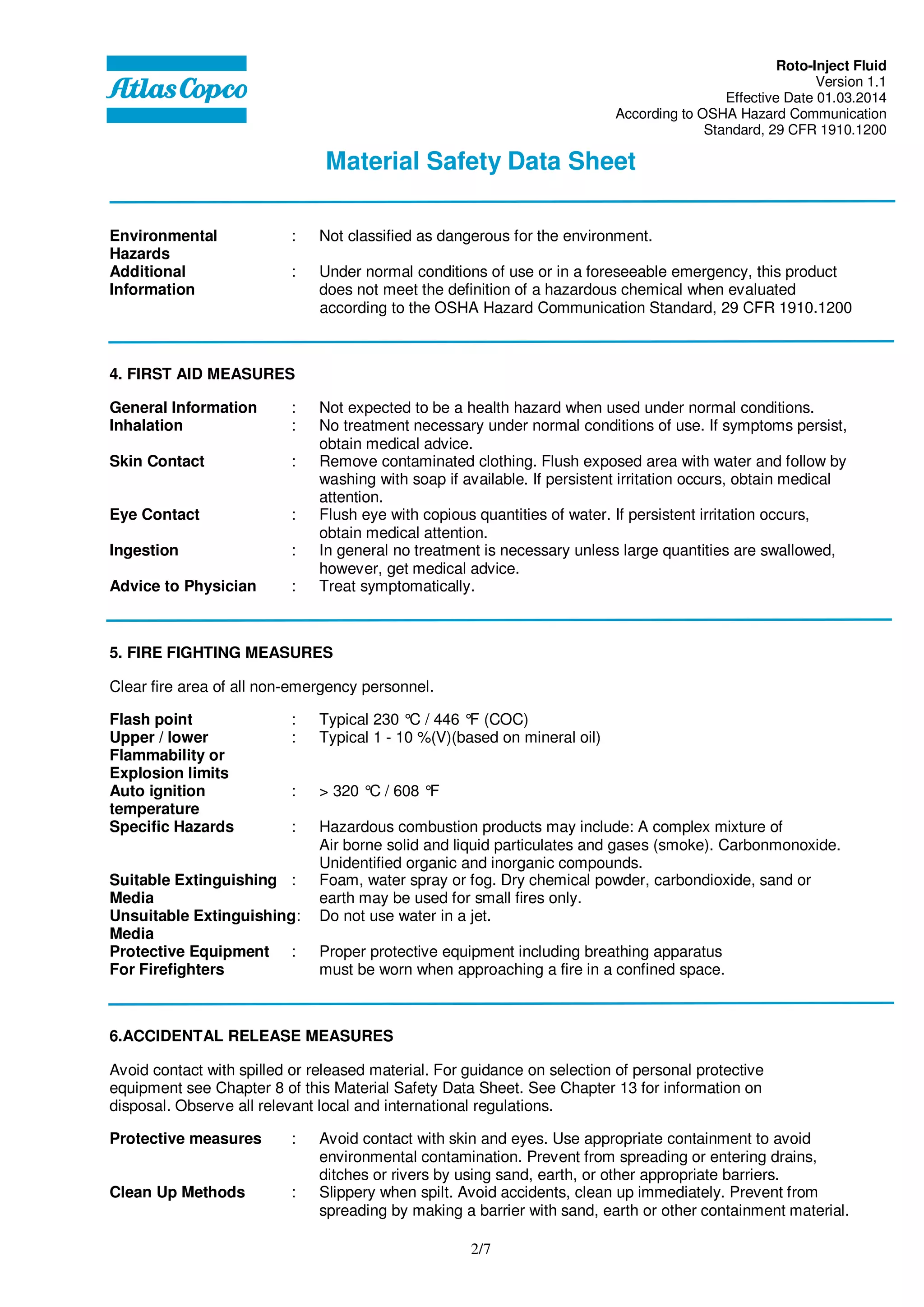Atlas copco roto inject lubricant msds | PDF