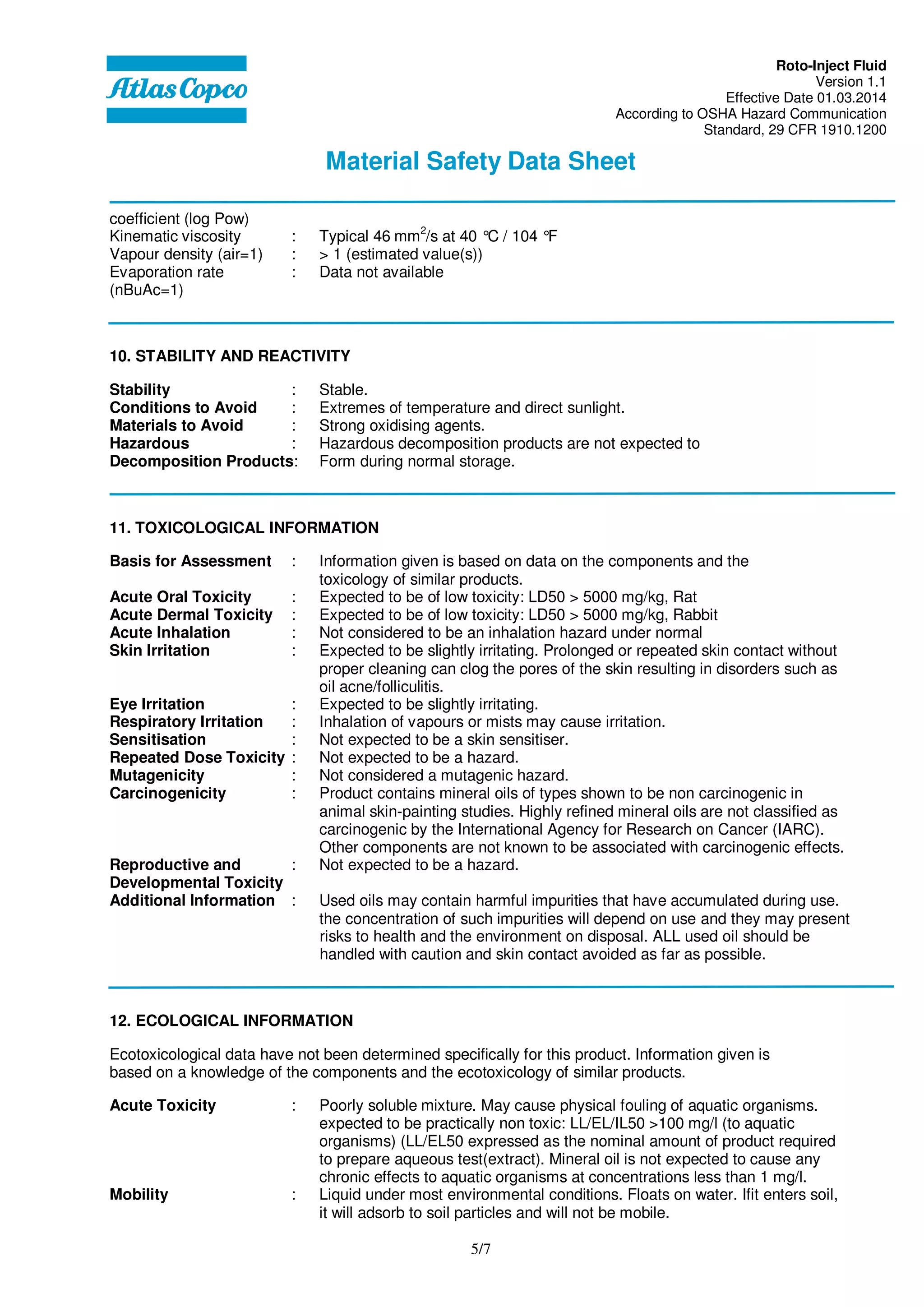 Atlas copco roto inject lubricant msds | PDF