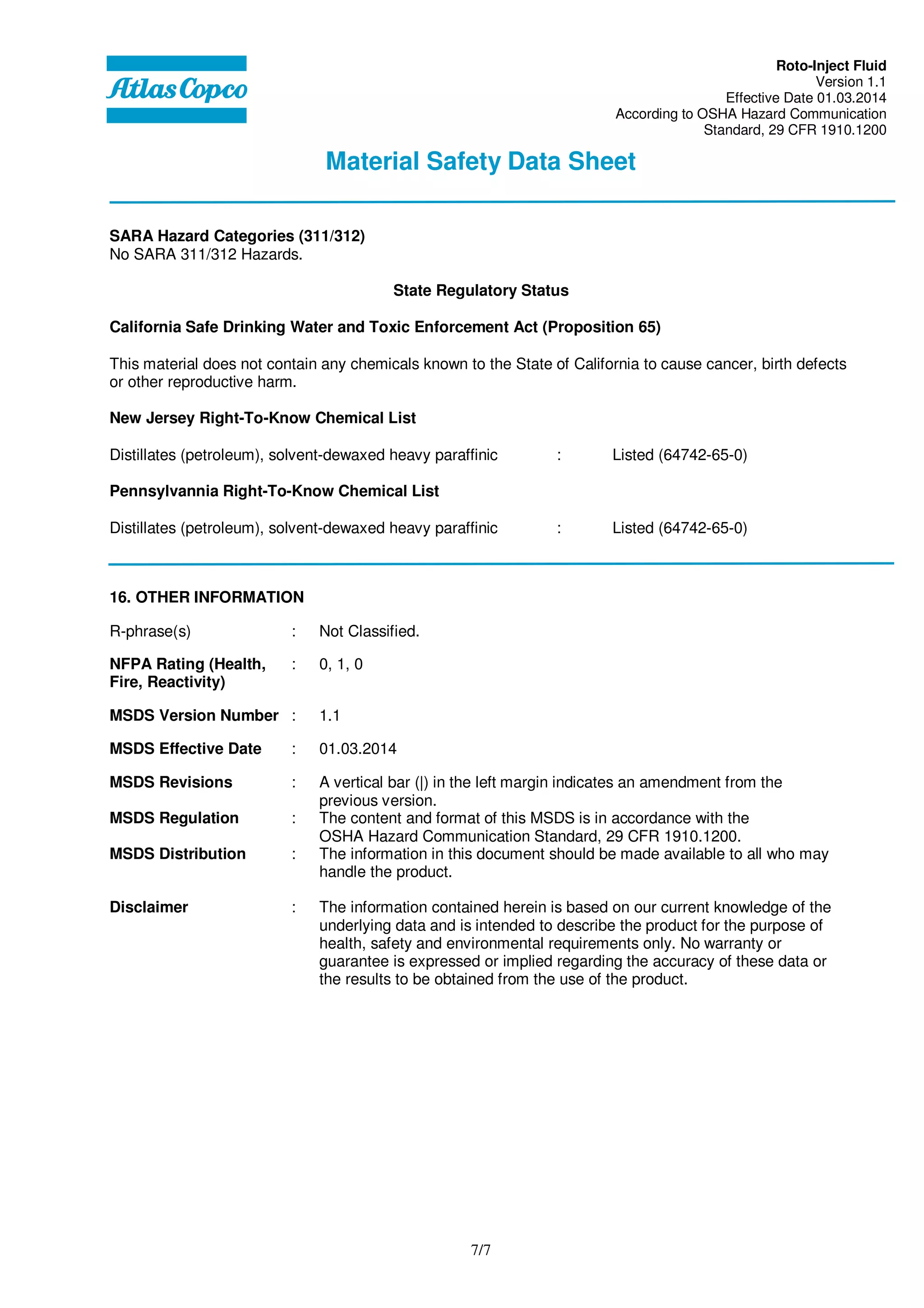 Atlas copco roto inject lubricant msds | PDF