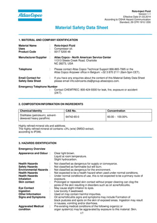 Atlas copco roto inject lubricant msds | PDF