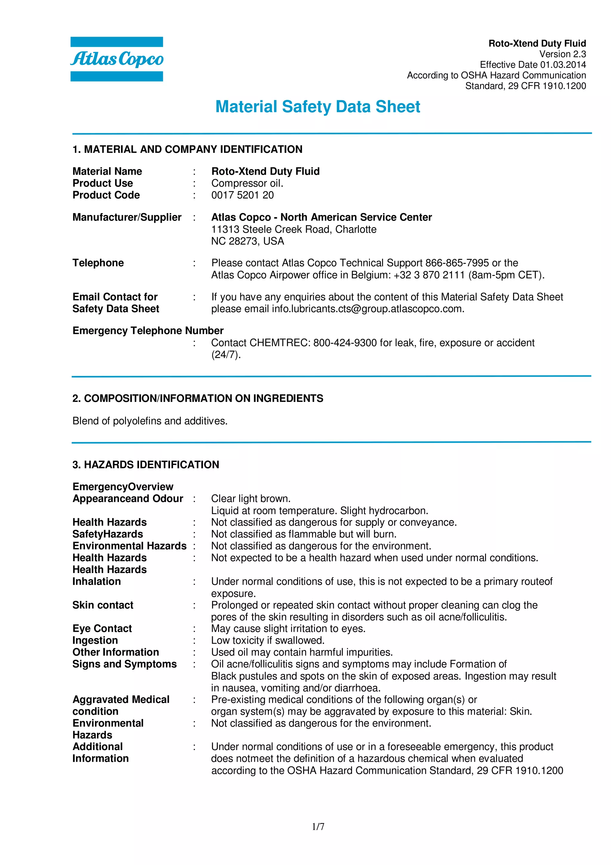Atlas copco roto xtend lubricant msds | PDF