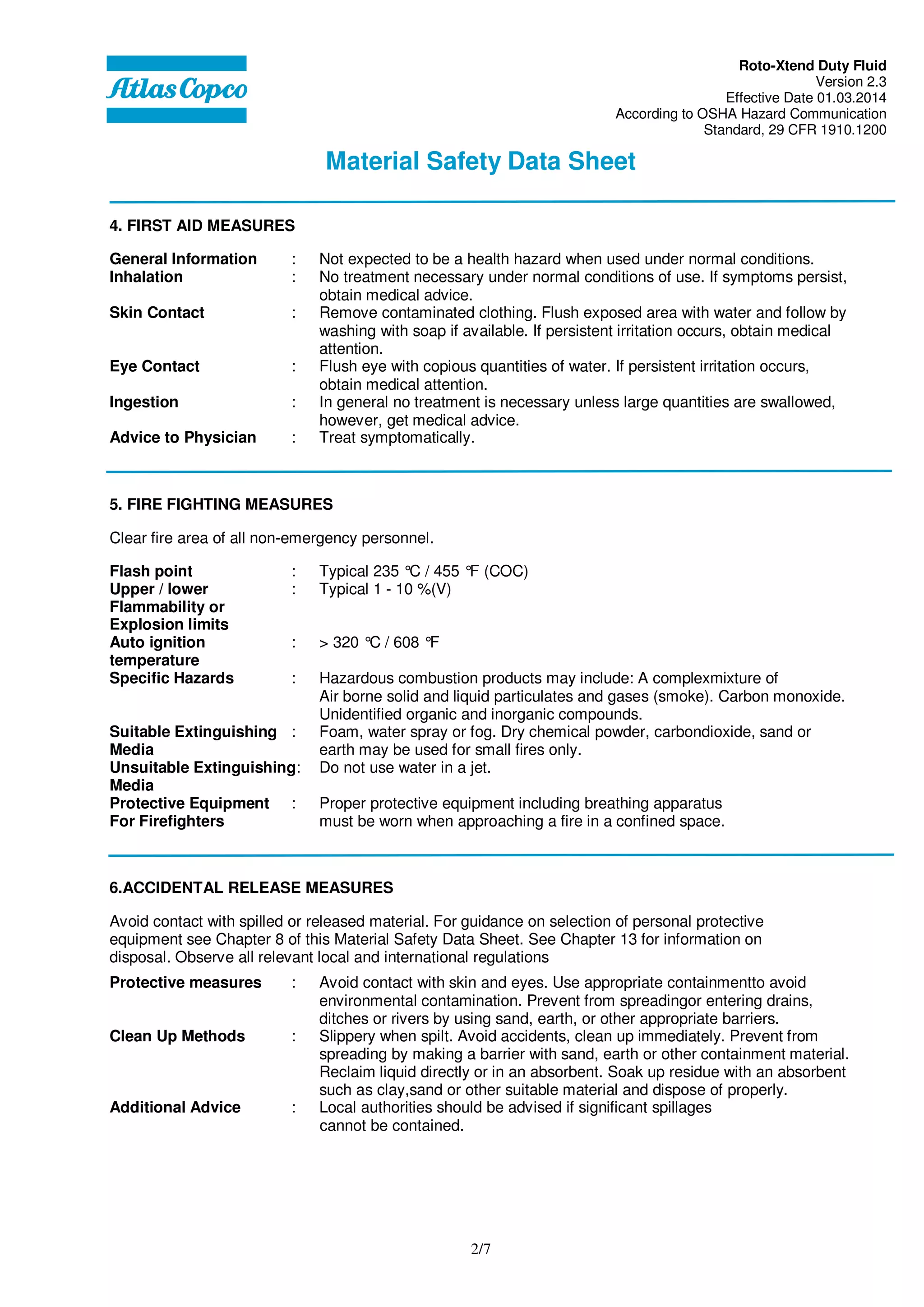 Atlas copco roto xtend lubricant msds | PDF