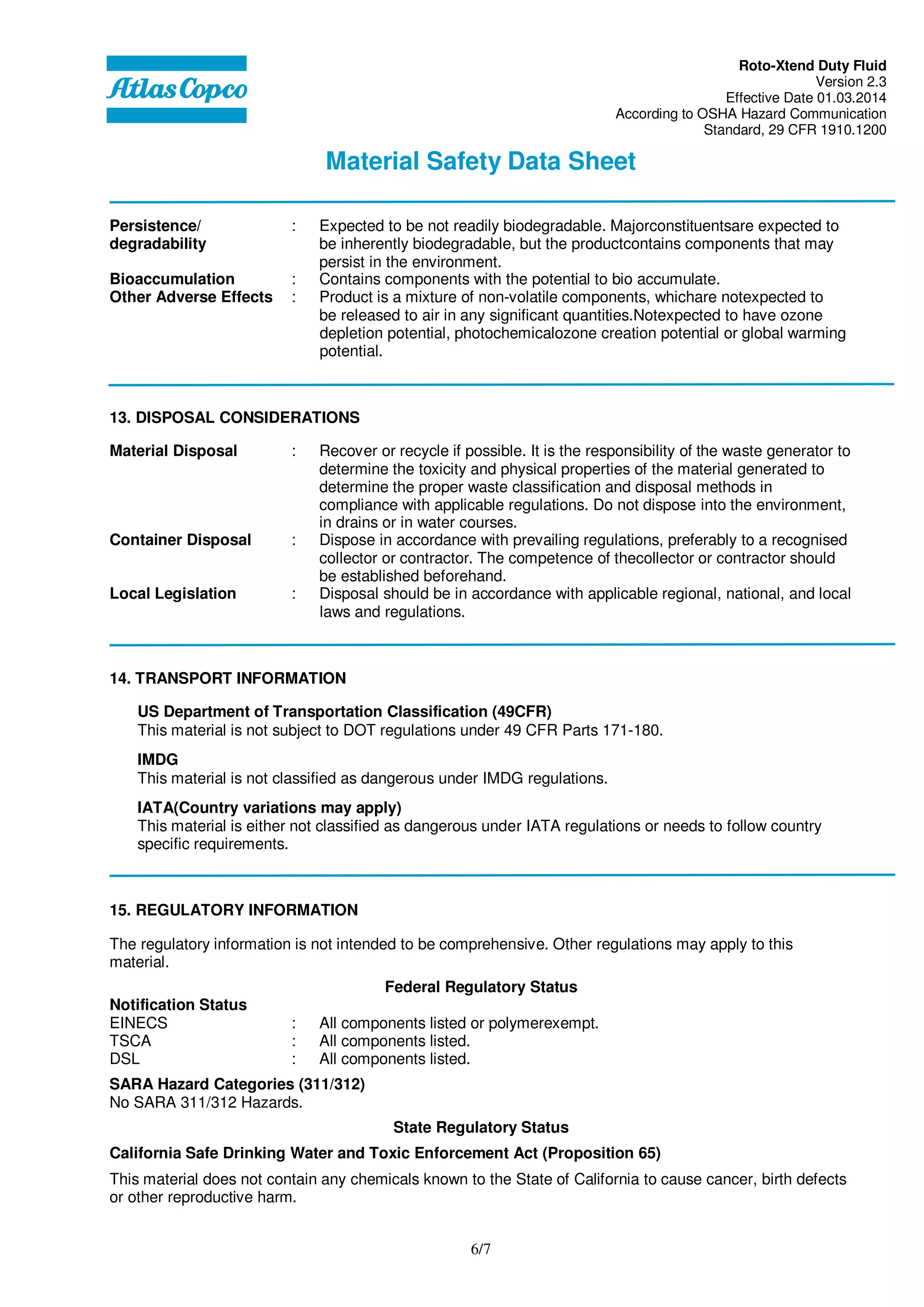 Atlas copco roto xtend lubricant msds | PDF