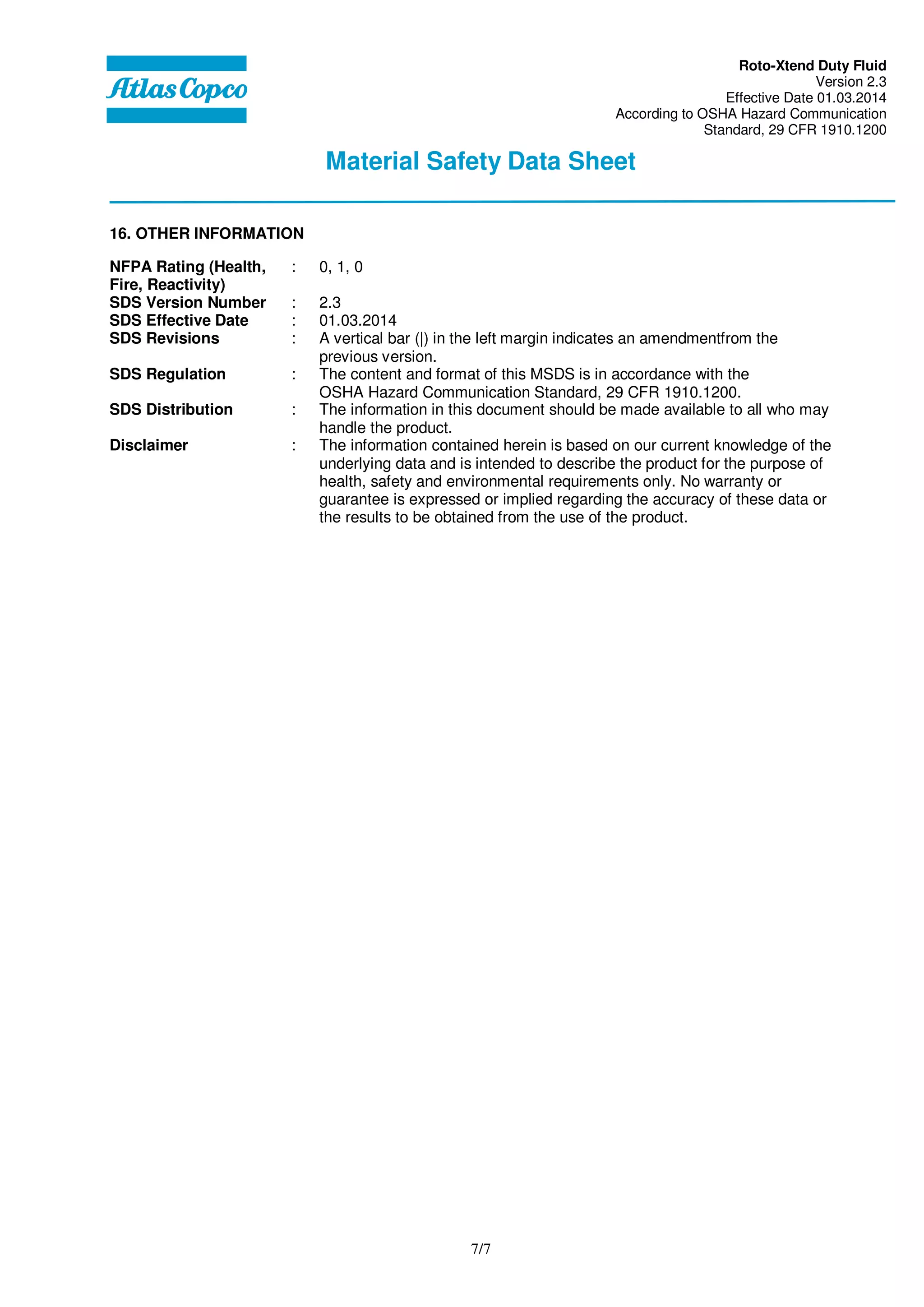 Atlas copco roto xtend lubricant msds | PDF