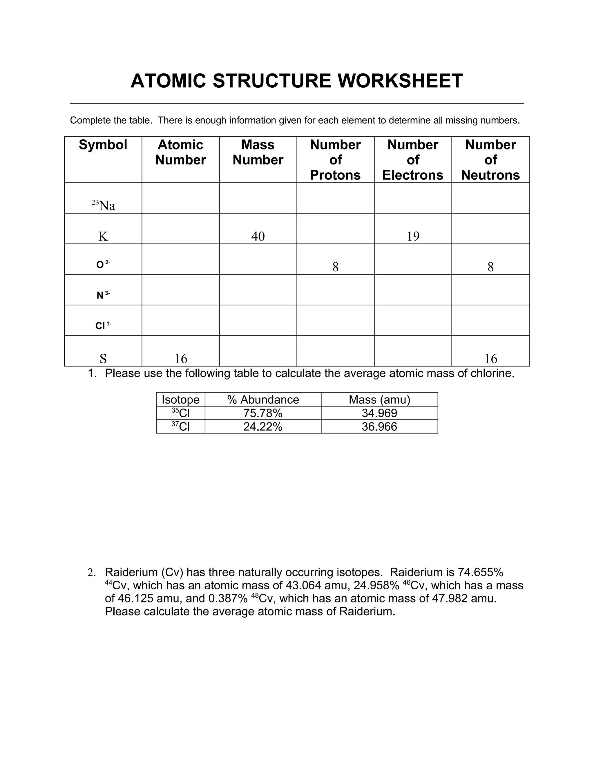 Atomic Structure With Nuc Worksheet | DOC