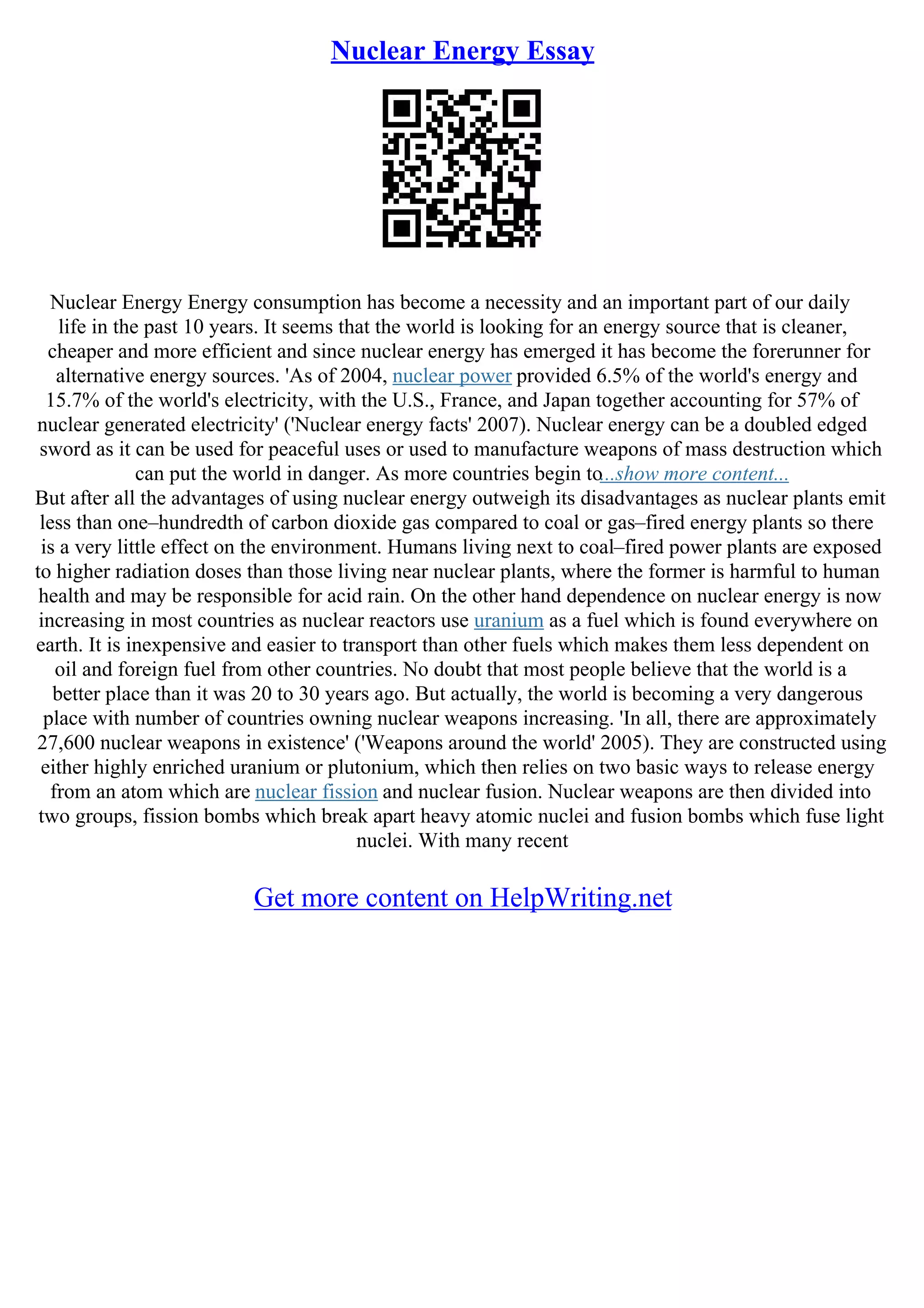 Atomic Energy Essay | PDF