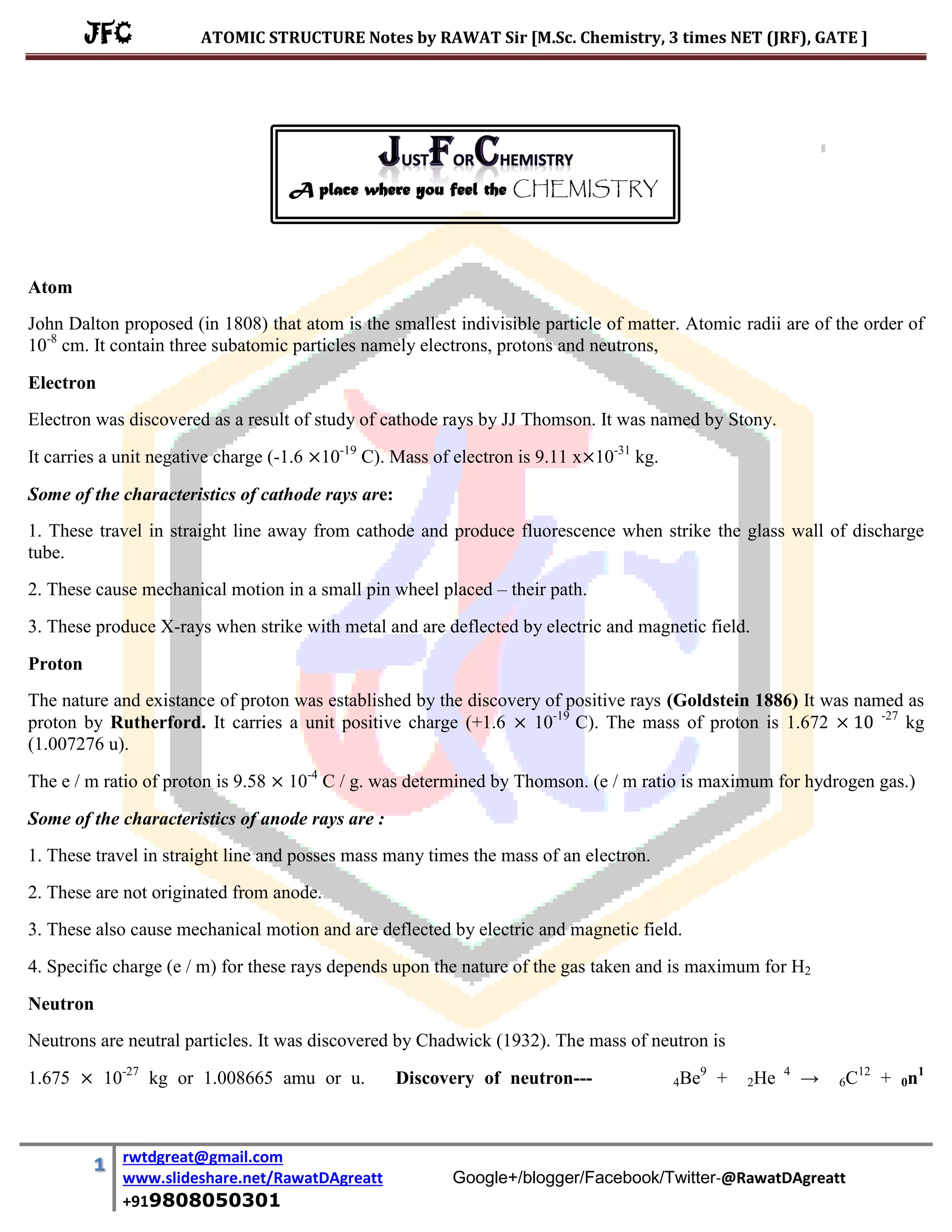 Atomic structure notes from jfc by rawat sir | PDF