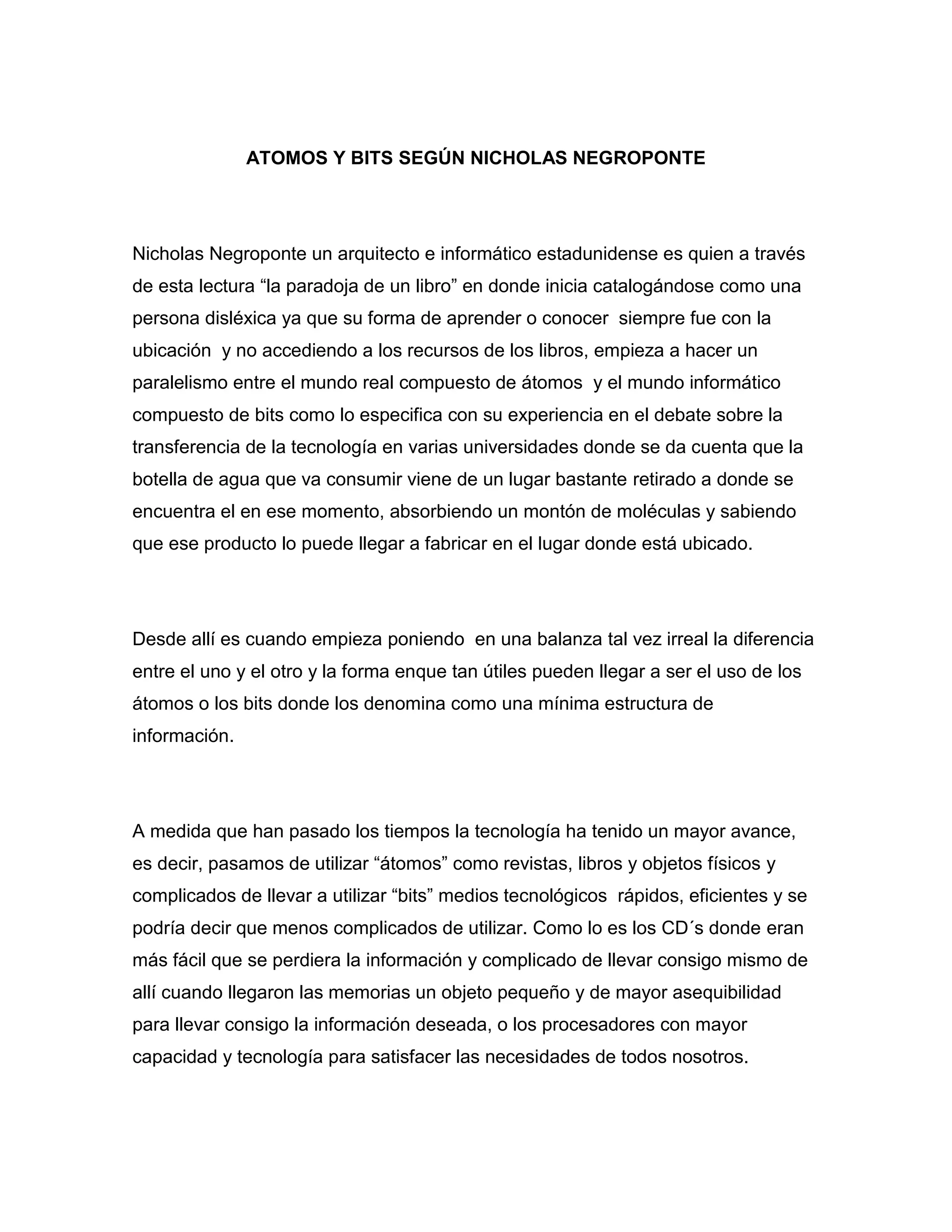 Atomos y bits según nicholas negroponte | DOCX