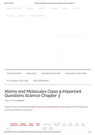 Atoms and molecules class 9 important questions science chapter 3 q &a ...