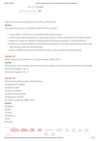 Atoms and molecules class 9 important questions science chapter 3 q &a ...