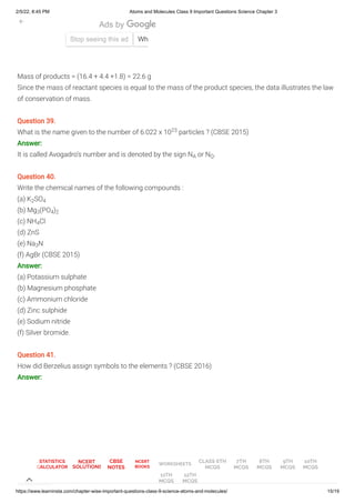 Atoms and molecules class 9 important questions science chapter 3 q &a ...