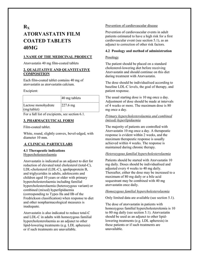 Atorvastatin 40 mg film coated tablets smpc- taj pharmaceuticals | PDF