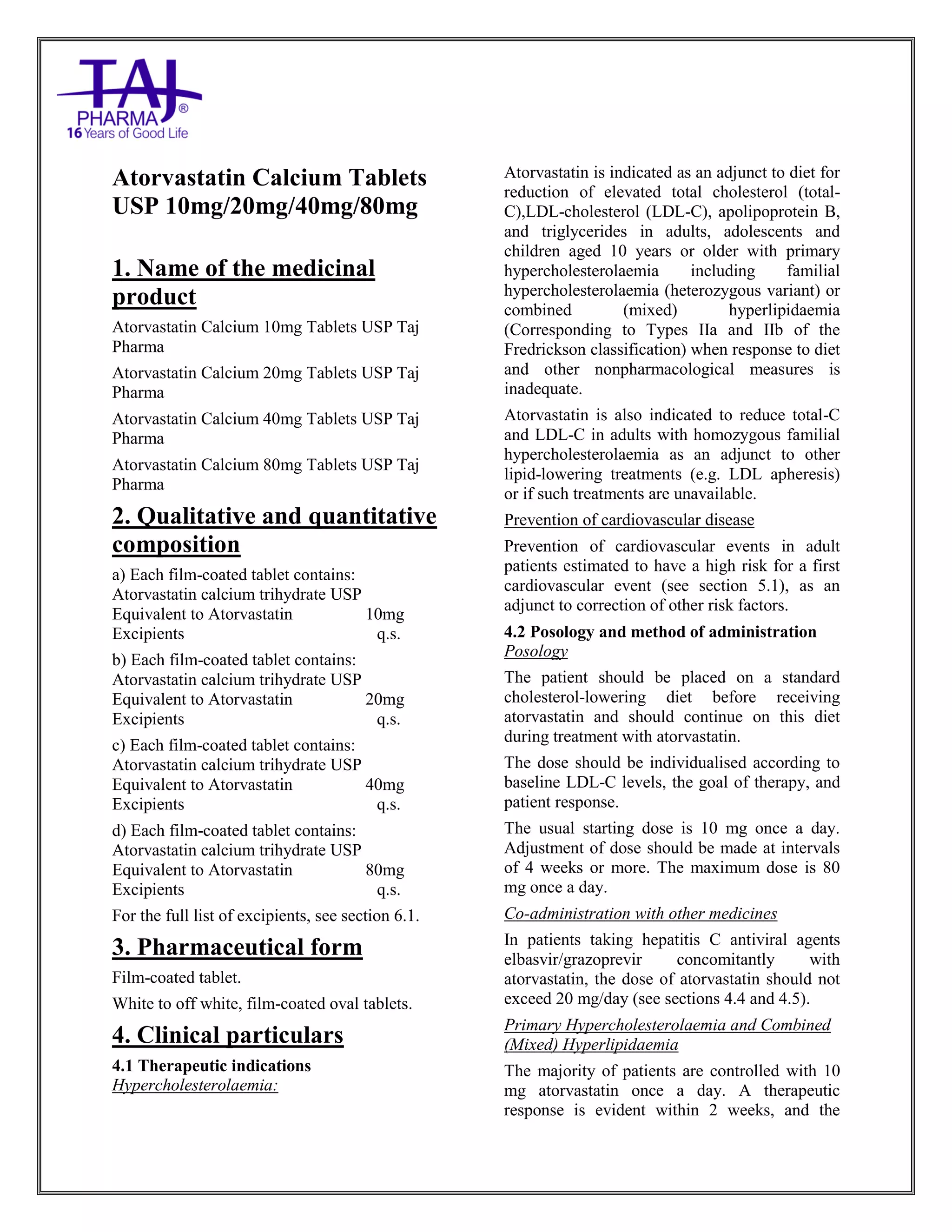 Atorvastatin Calcium Tablets SmPC Taj Pharmaceuticals | PDF