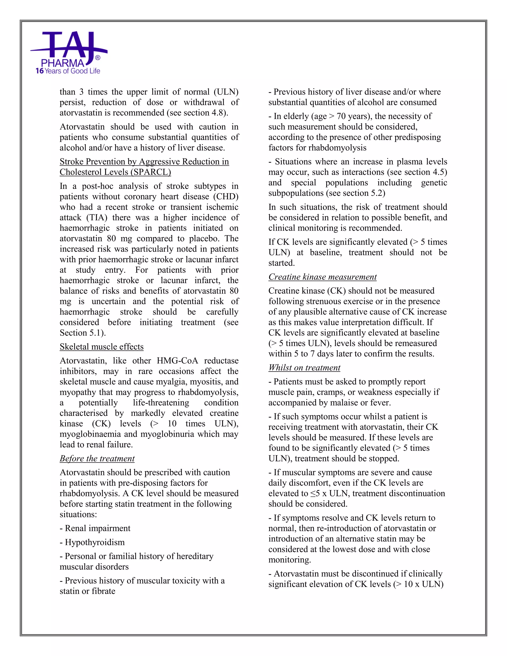 Atorvastatin Calcium Tablets SmPC Taj Pharmaceuticals | PDF