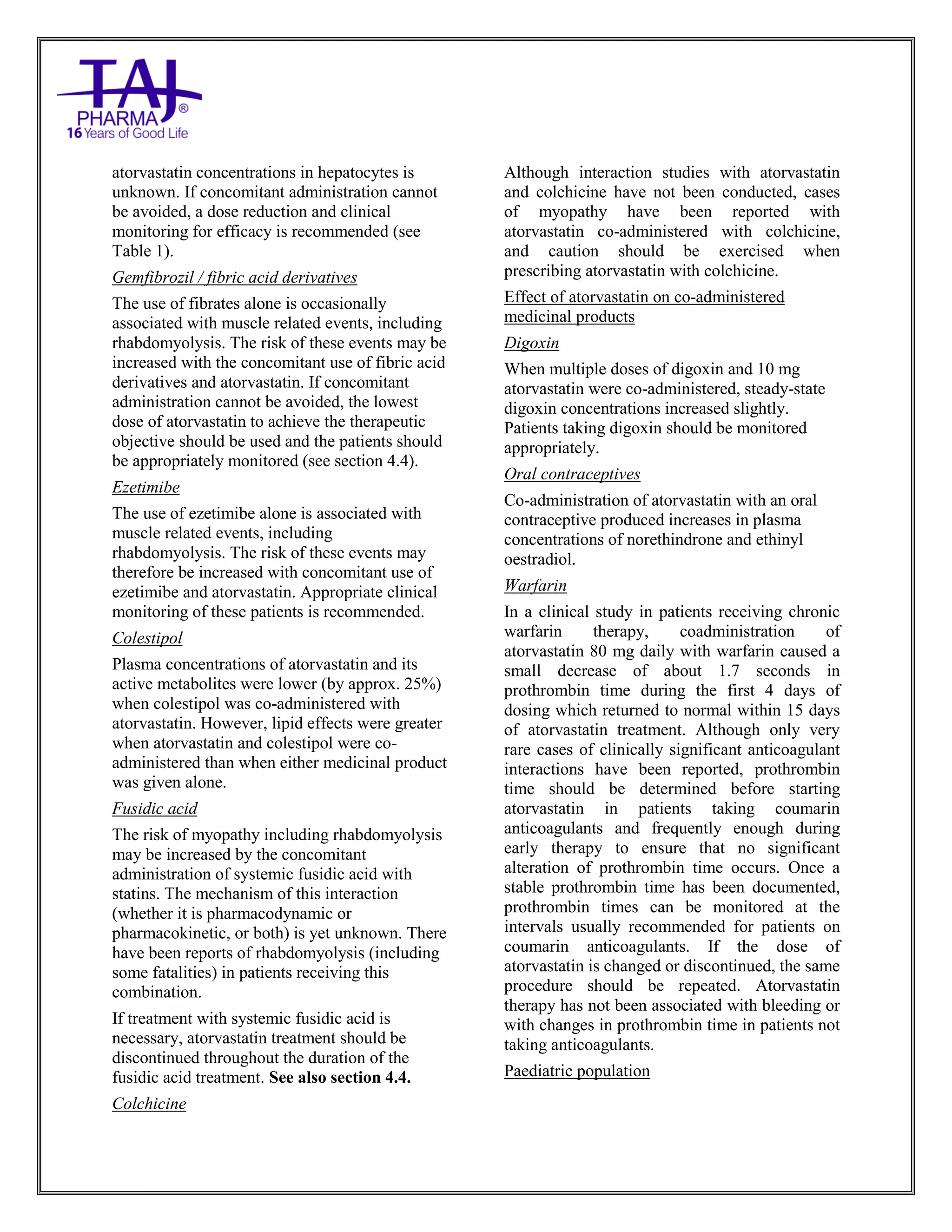 Atorvastatin Calcium Tablets SmPC Taj Pharmaceuticals | PDF