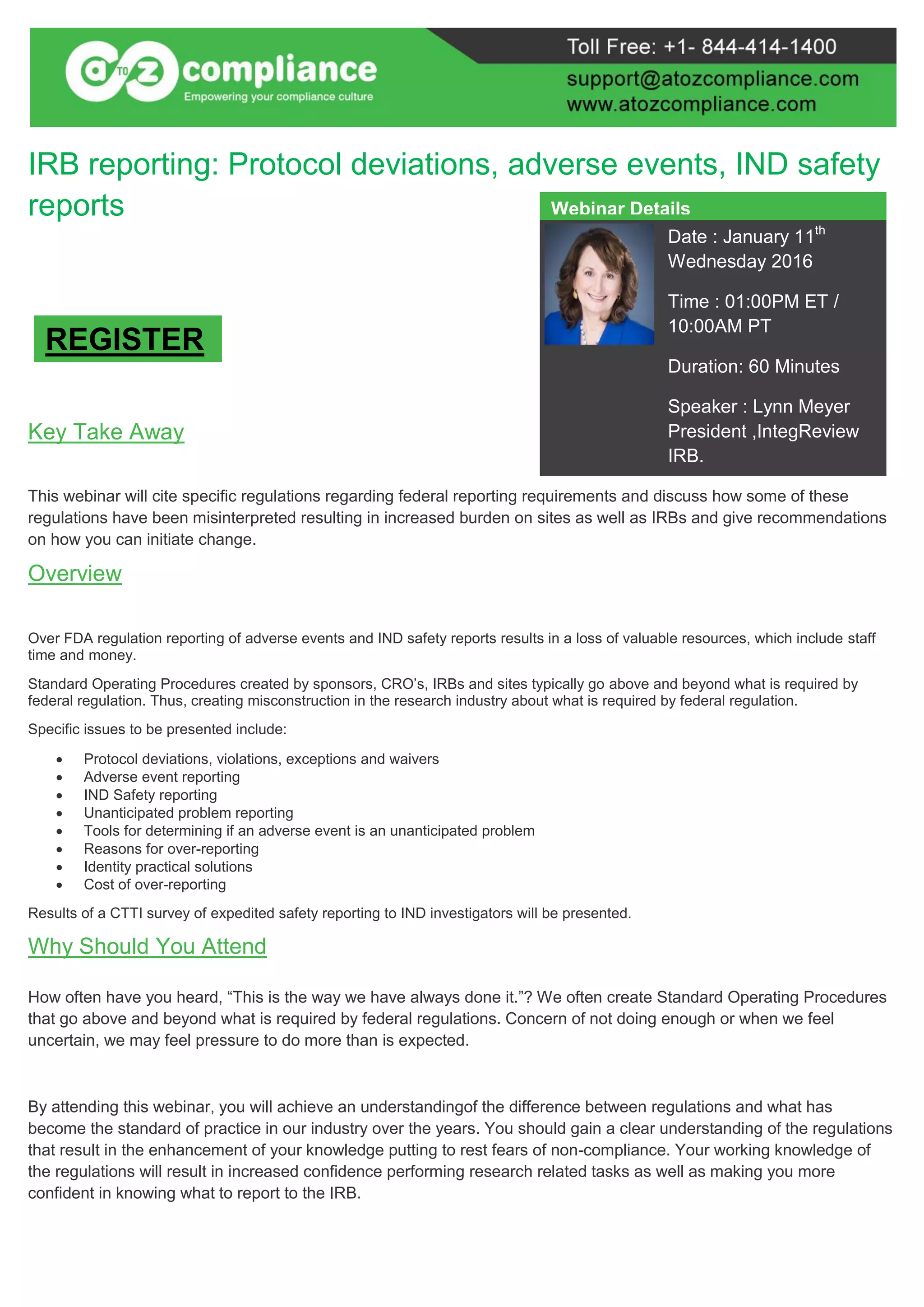 IRB reporting: Protocol deviations, adverse events, IND safety reports ...