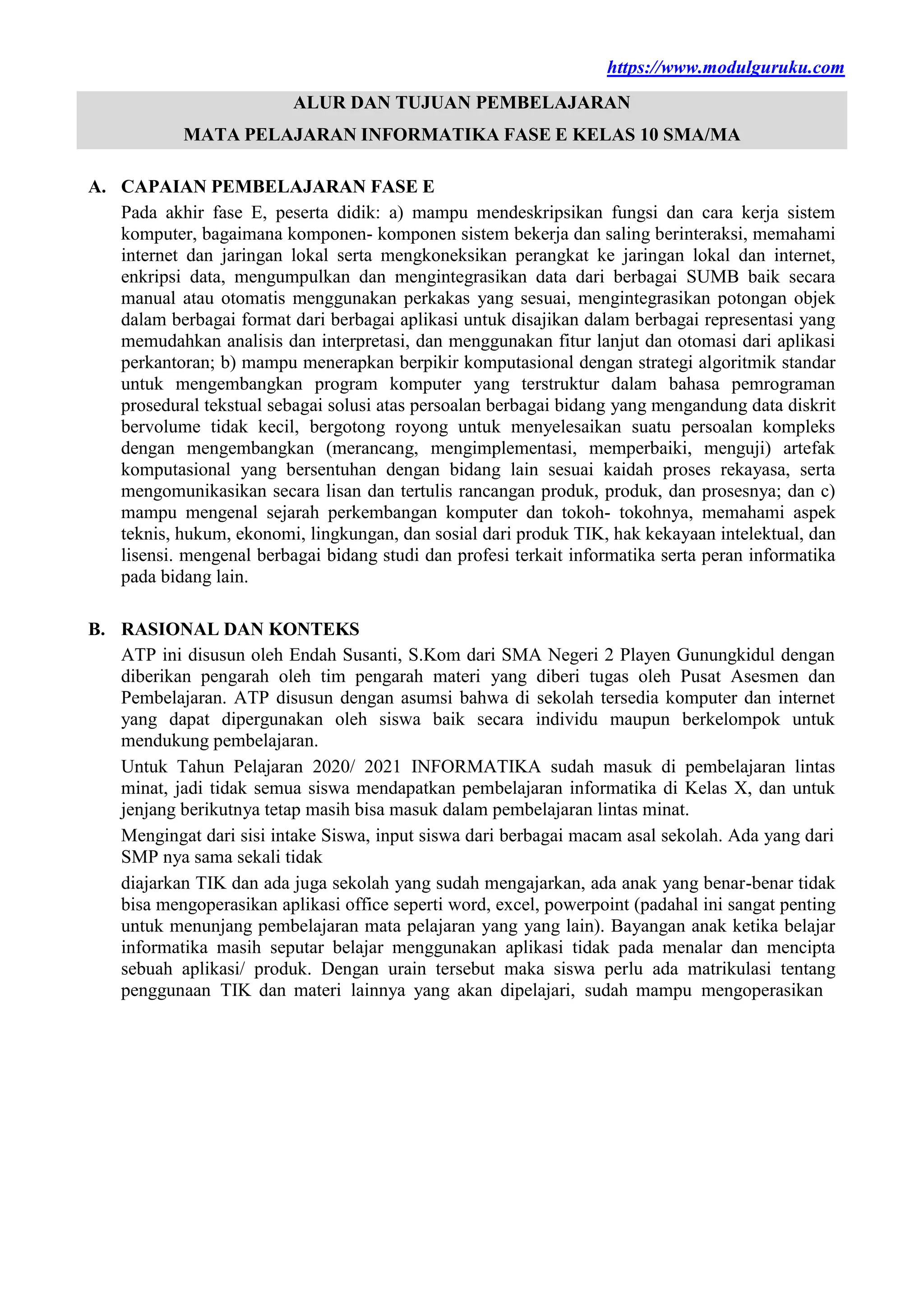 ATP Kelas 10 Informatika Fase E Kurikulum Merdeka | DOCX