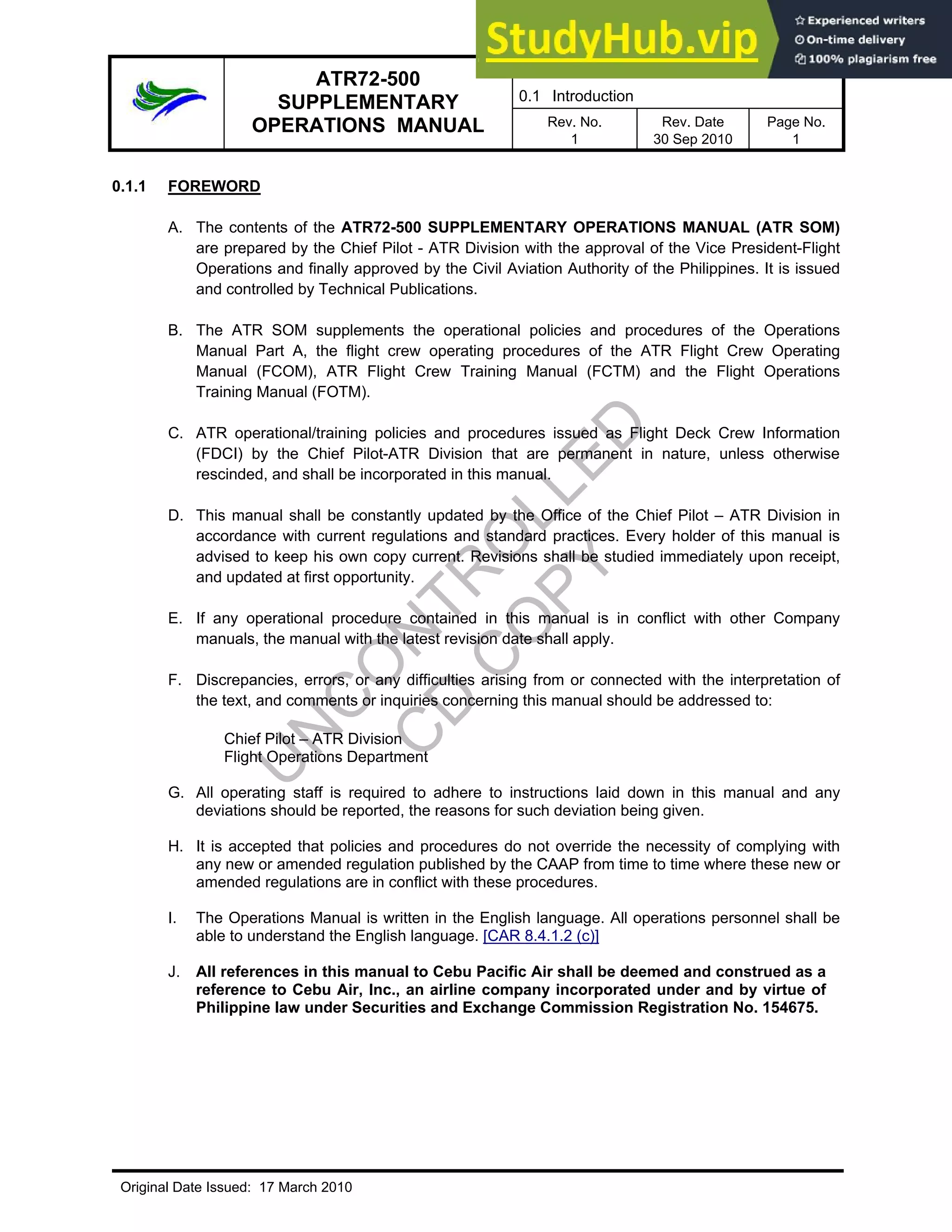 ATR72-500 SUPPLEMENTARY OPERATIONS MANUAL | PDF
