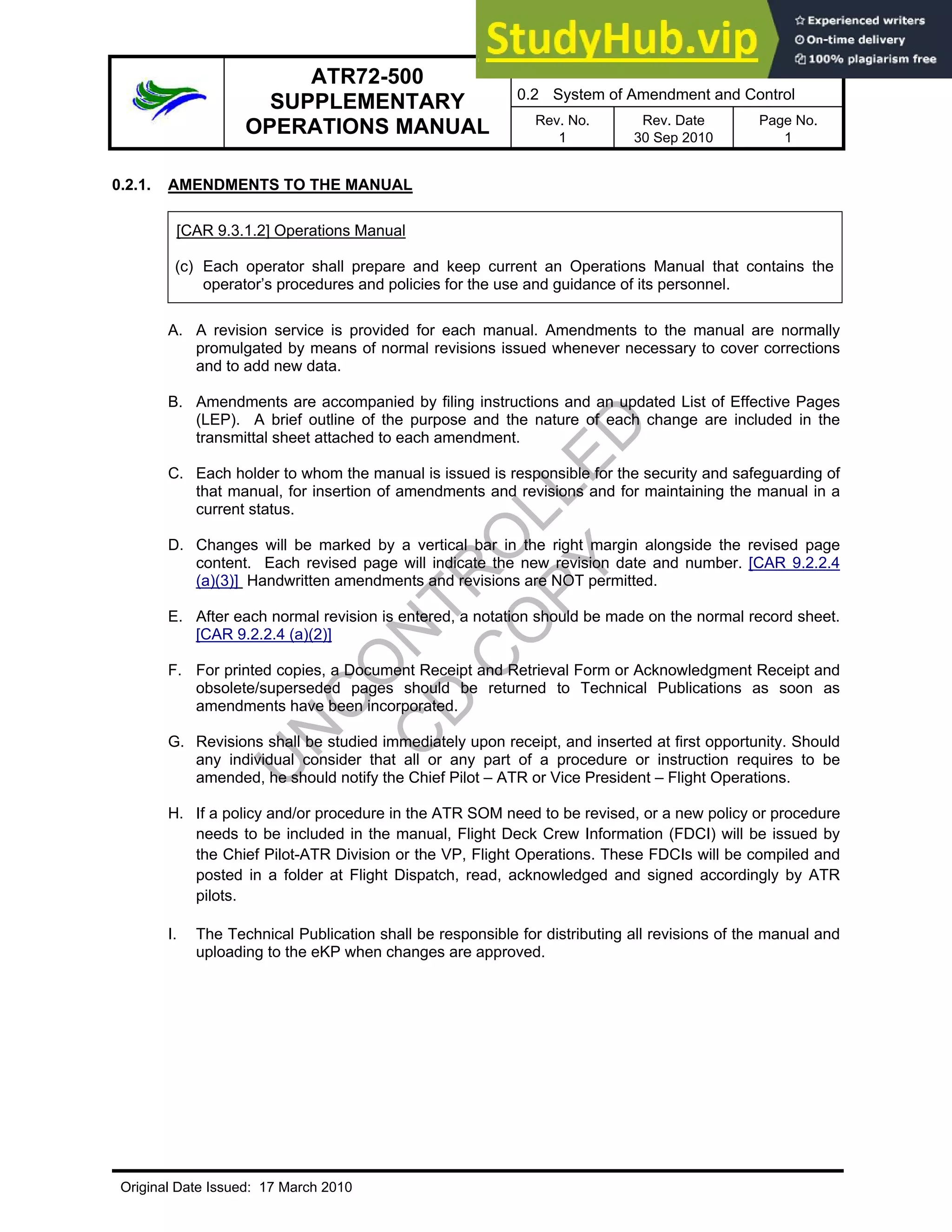 ATR72-500 SUPPLEMENTARY OPERATIONS MANUAL | PDF