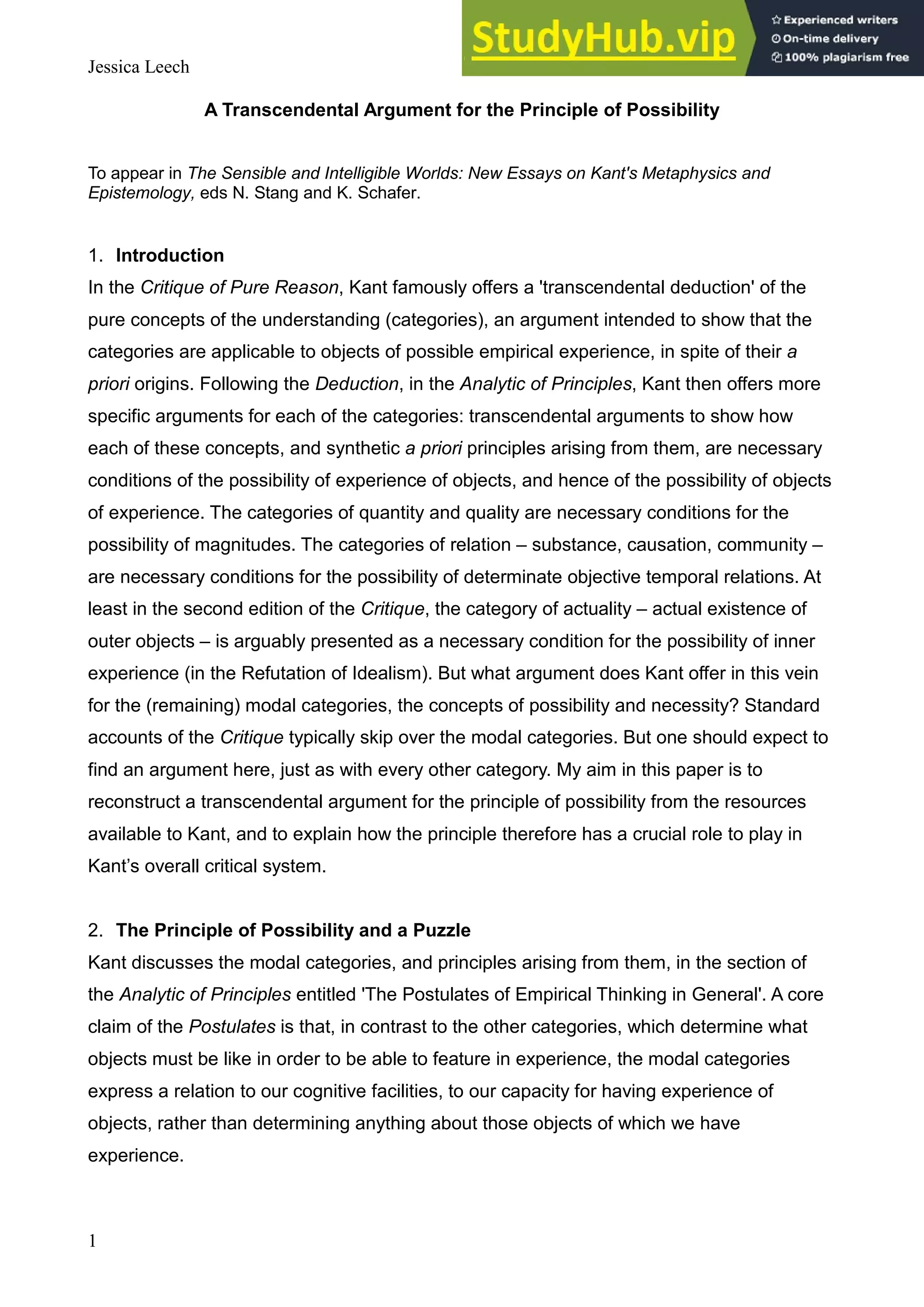 A Transcendental Argument For The Principle Of Possibility | PDF ...