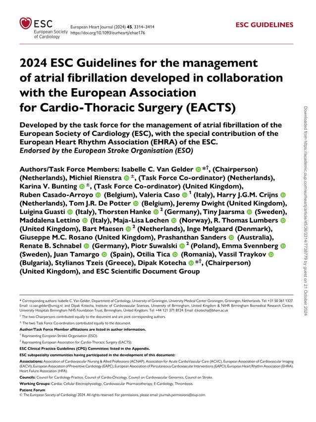 ATRIAL FIBRILLATION- 2024 Guidelines ESC | PDF