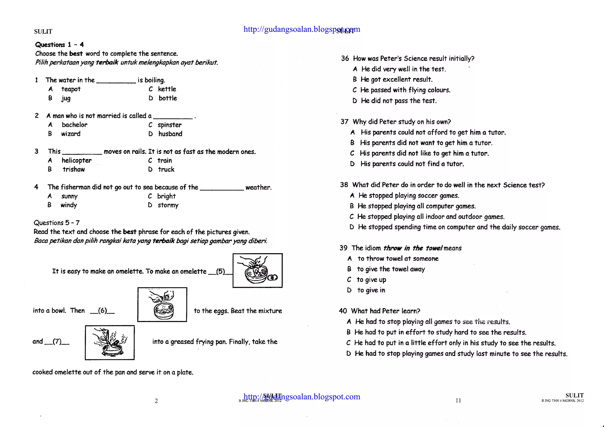 Soalan Percubaan UPSR 2012 Negeri Kelantan Subjek Bahasa Inggeris Paper ...