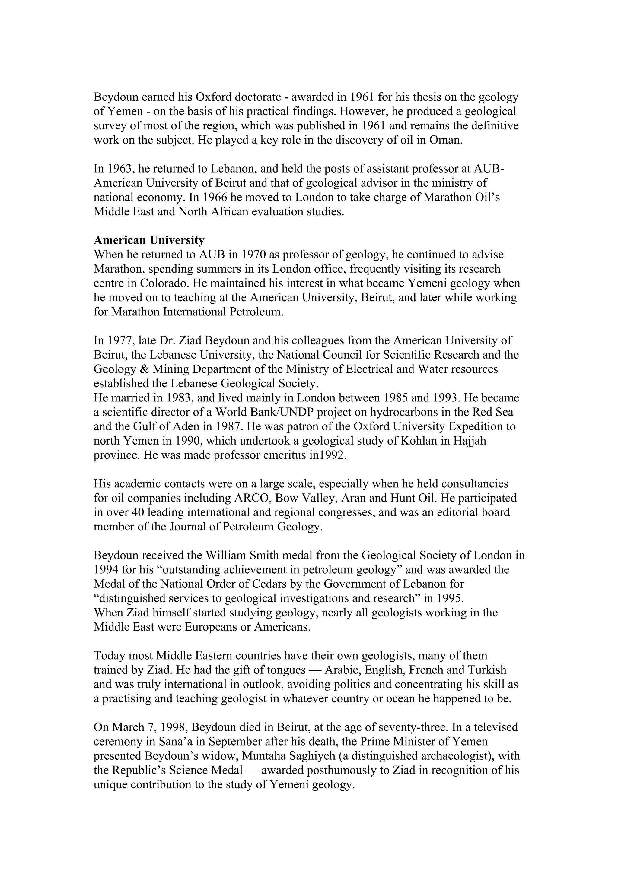 A Tribute To Prof. Ziad Rafiq Beydoun The Man Who Gave His Life To Yemeni Geology | DOC