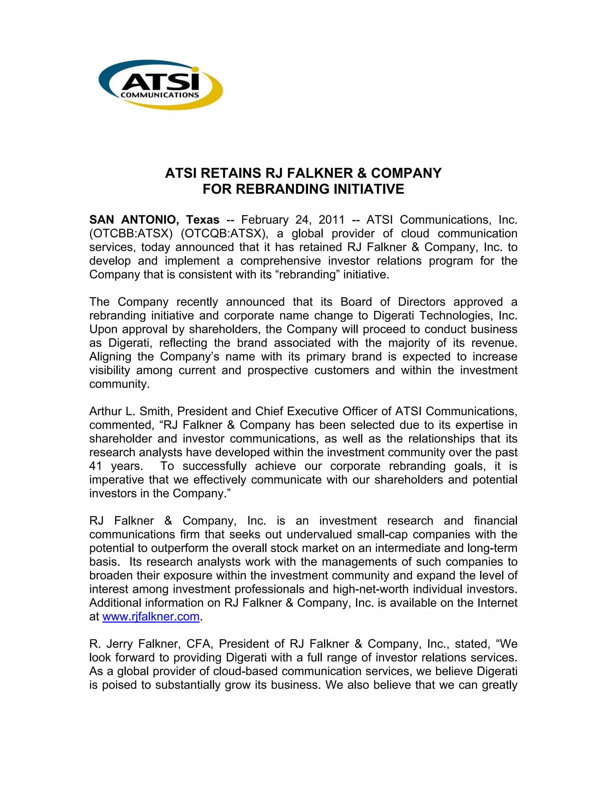 ATSI Retains RJ Falkner & Company for Rebranding Initiative | PDF