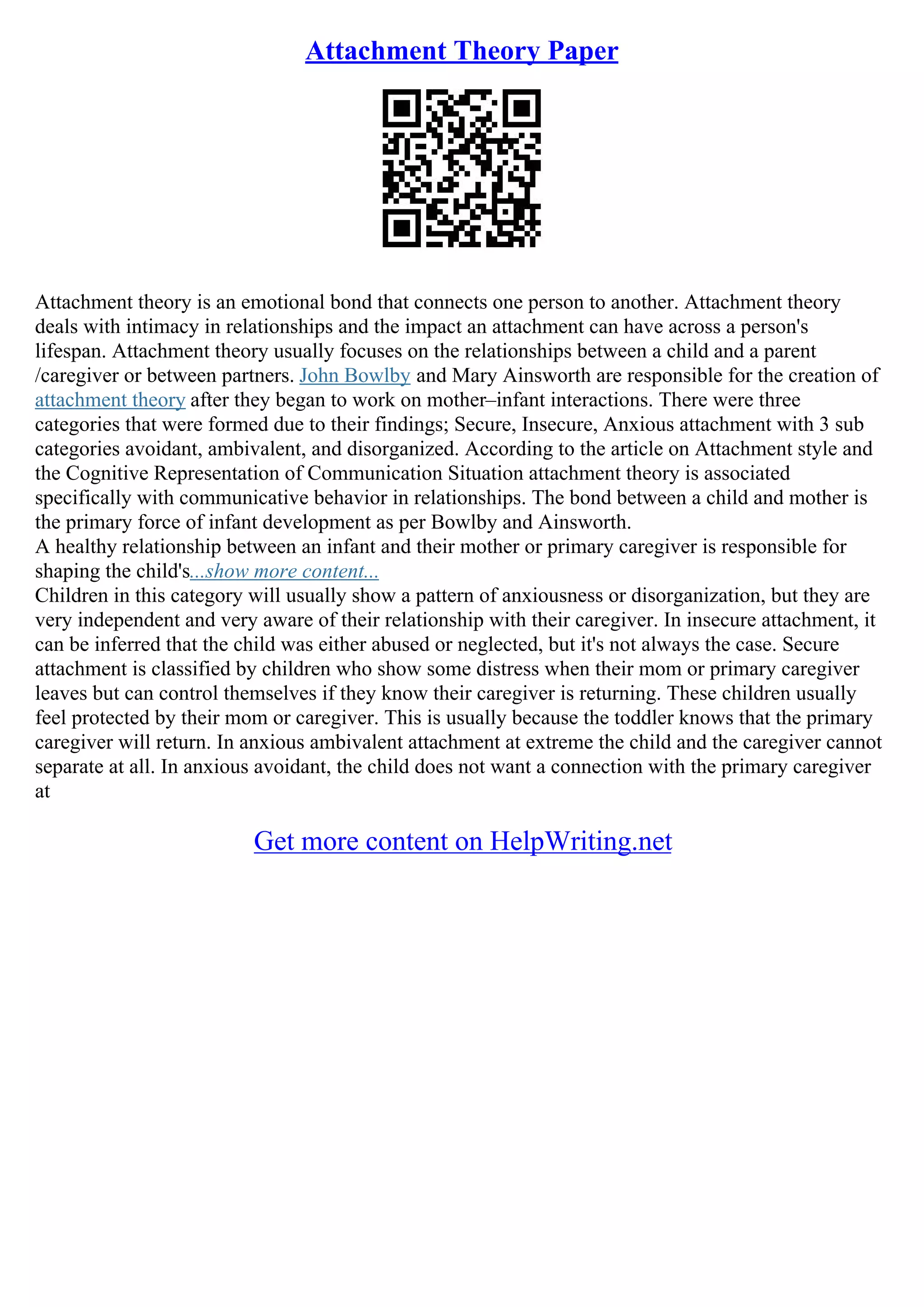 Attachment Theory Essay | PDF