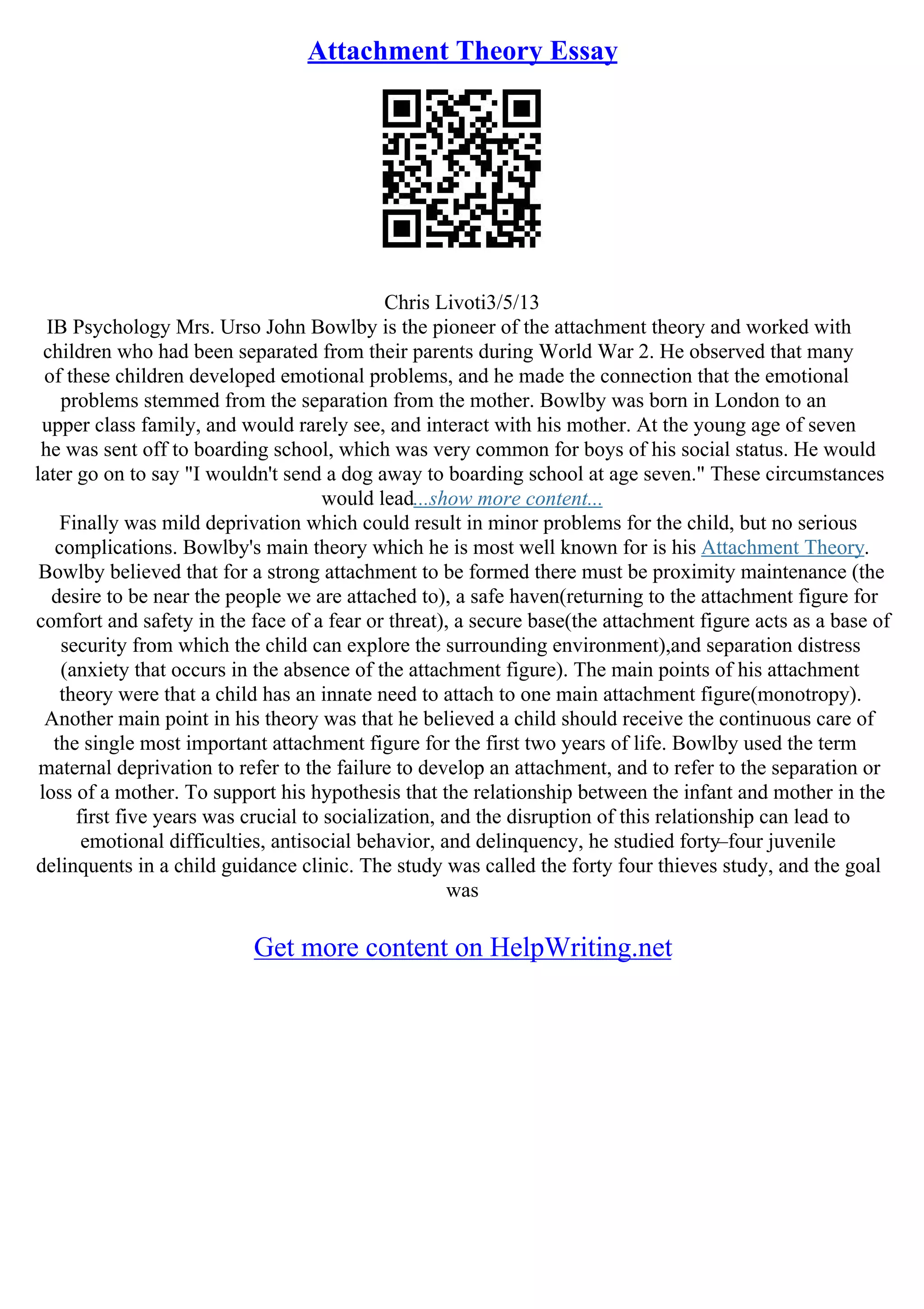 Attachment Theory Essay | PDF