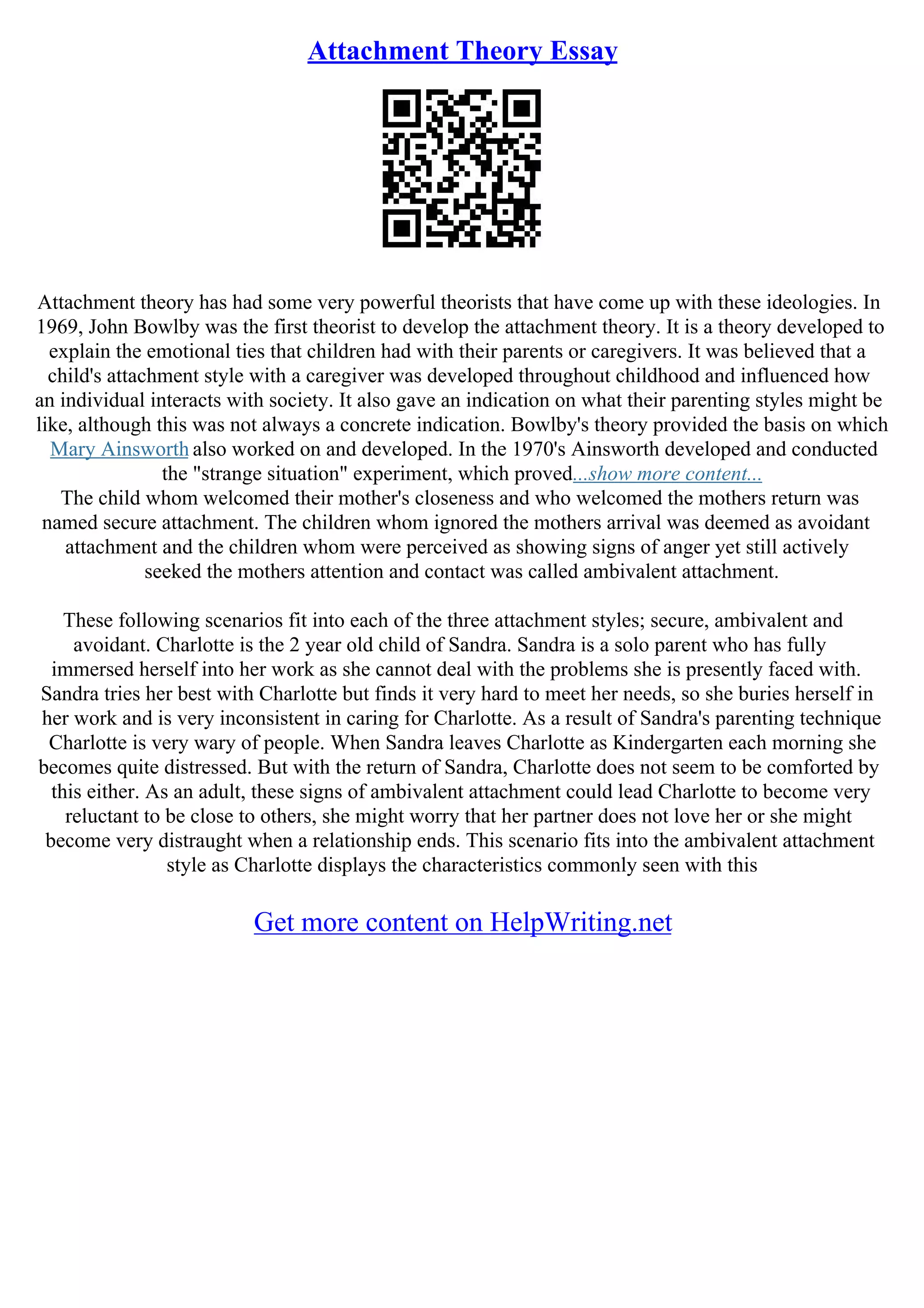 Attachment Theory Essay | PDF