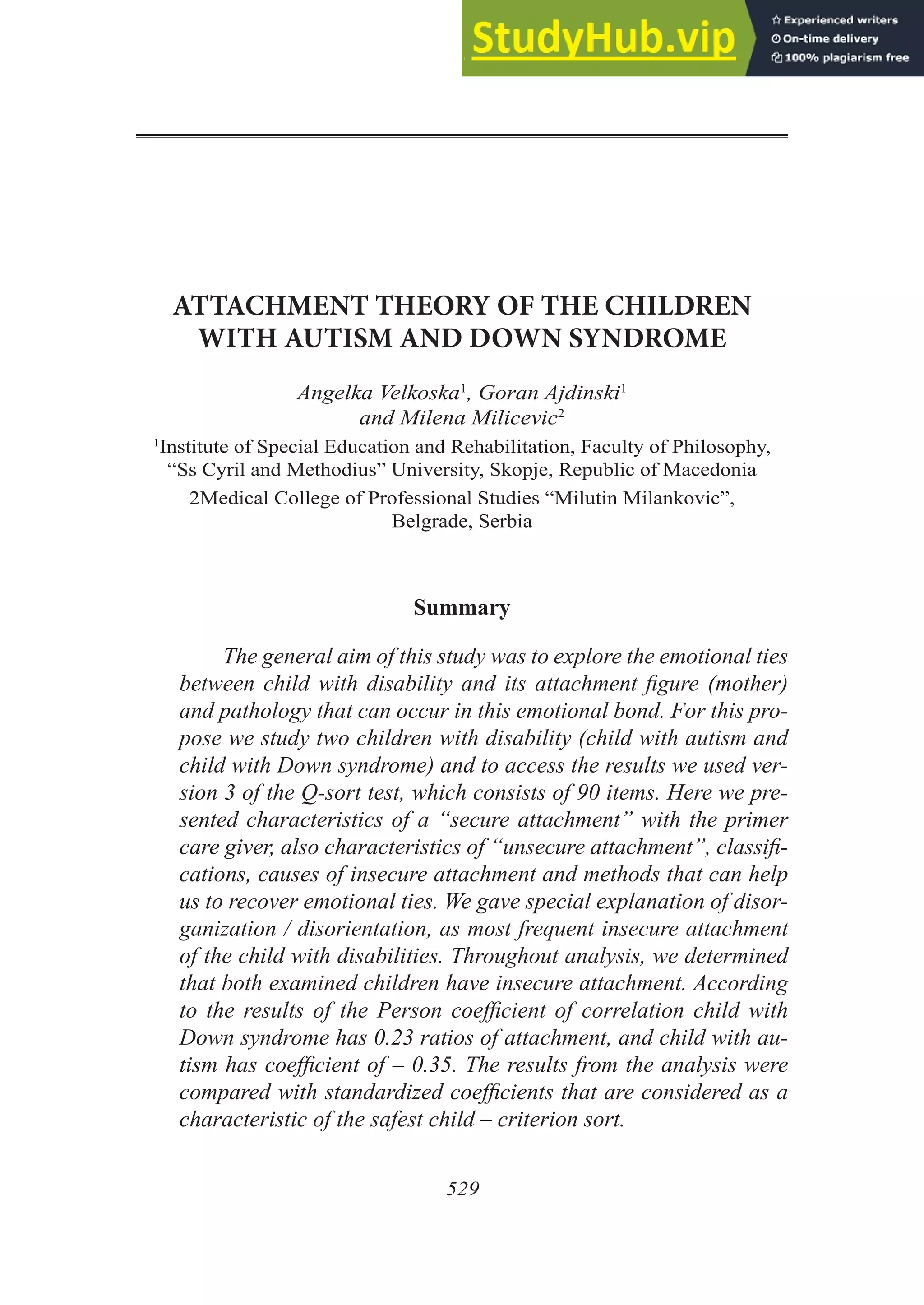Attachment Theory Of The Children With Autism And Down Syndrome | PDF