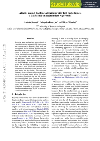 Attacks Against Ranking Algorithms With Text Embeddings A Case Study On Recruitment Algorithms | PDF