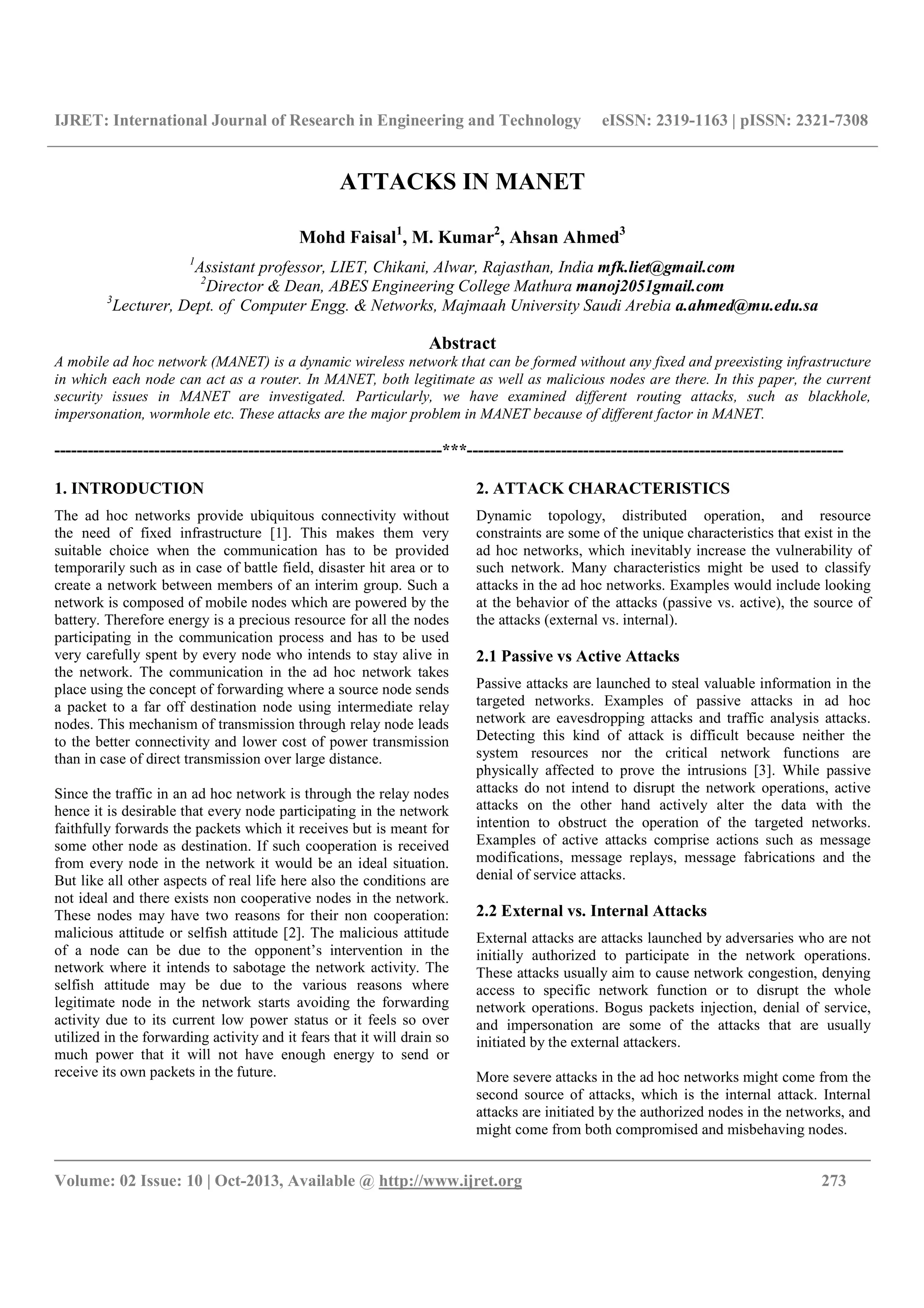 Attacks in manet | PDF