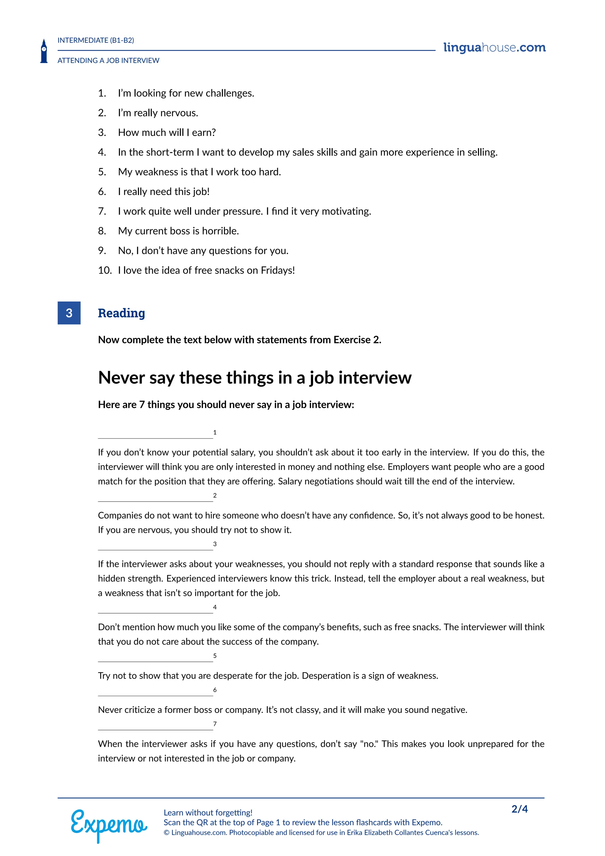 Attending a job Interview for B1 and B2 Englsih learners | PDF