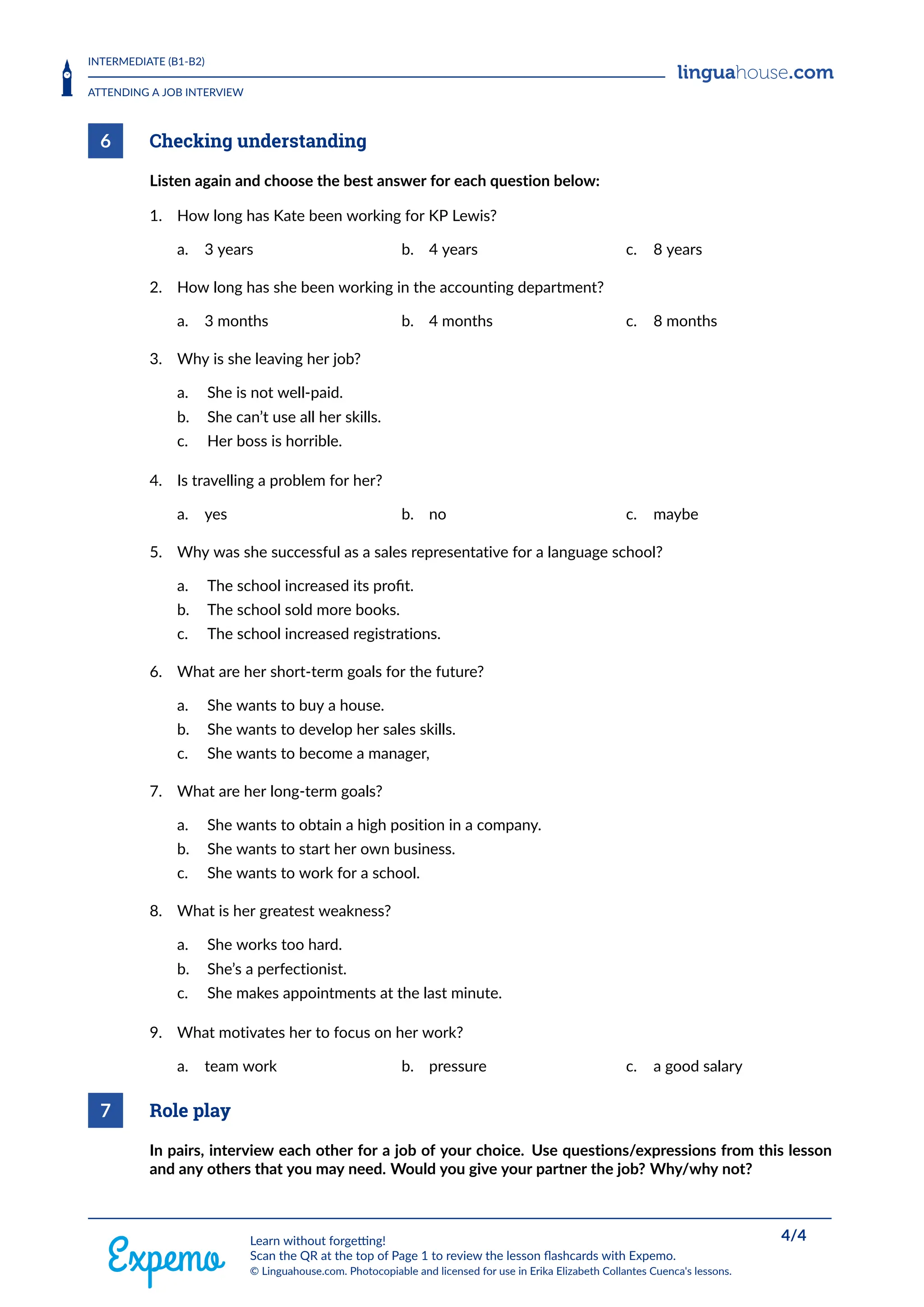 Attending a job Interview for B1 and B2 Englsih learners | PDF