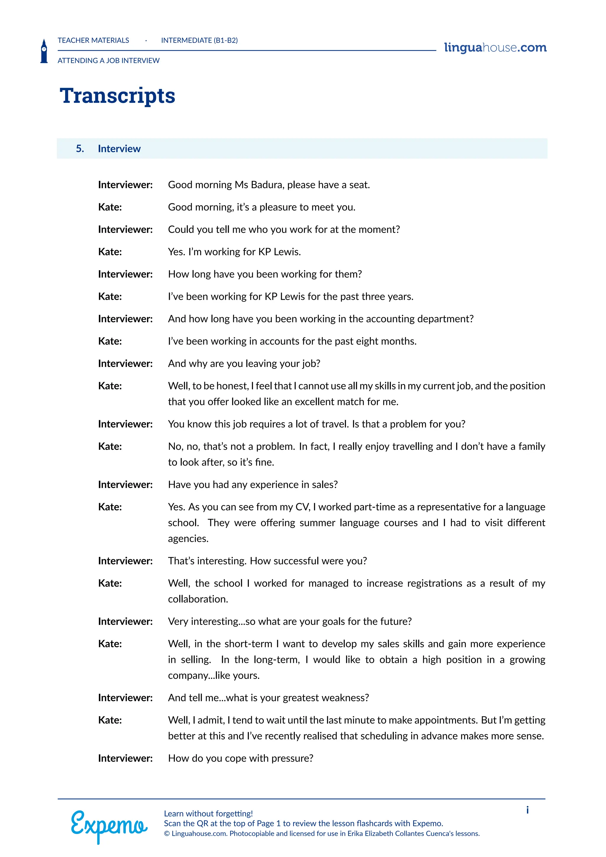 Attending a job Interview for B1 and B2 Englsih learners | PDF