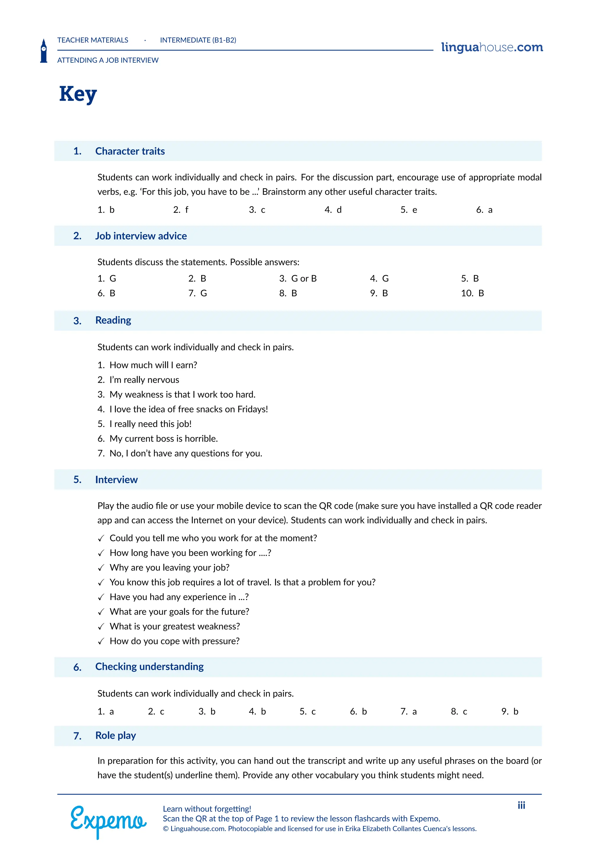 Attending a job Interview for B1 and B2 Englsih learners | PDF