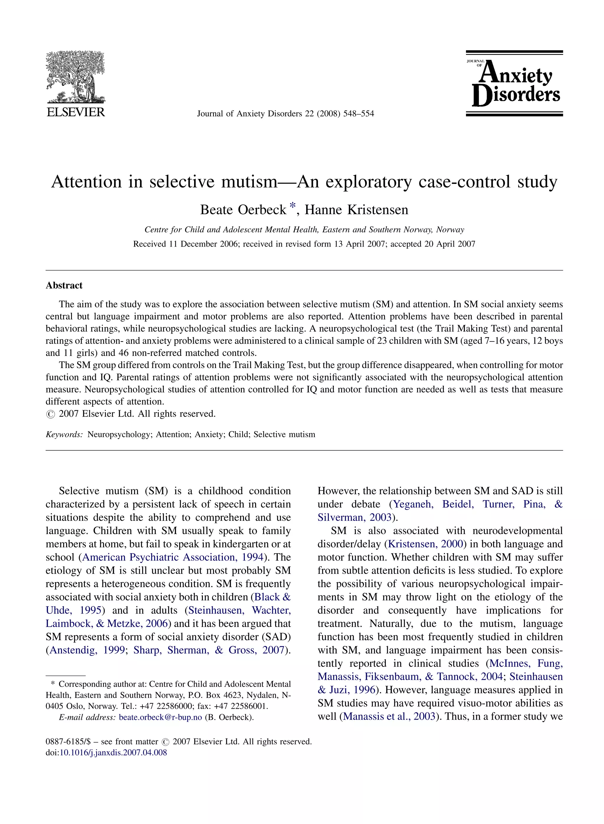 Attention in selective mutism | PDF