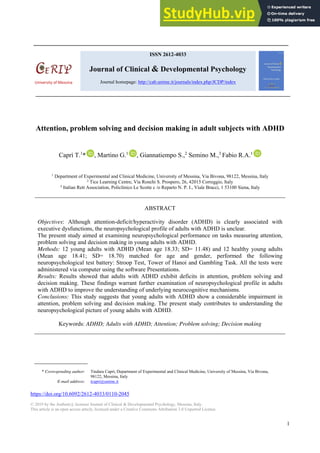 Attention, Problem Solving And Decision Making In Adult Subjects With ADHD | PDF