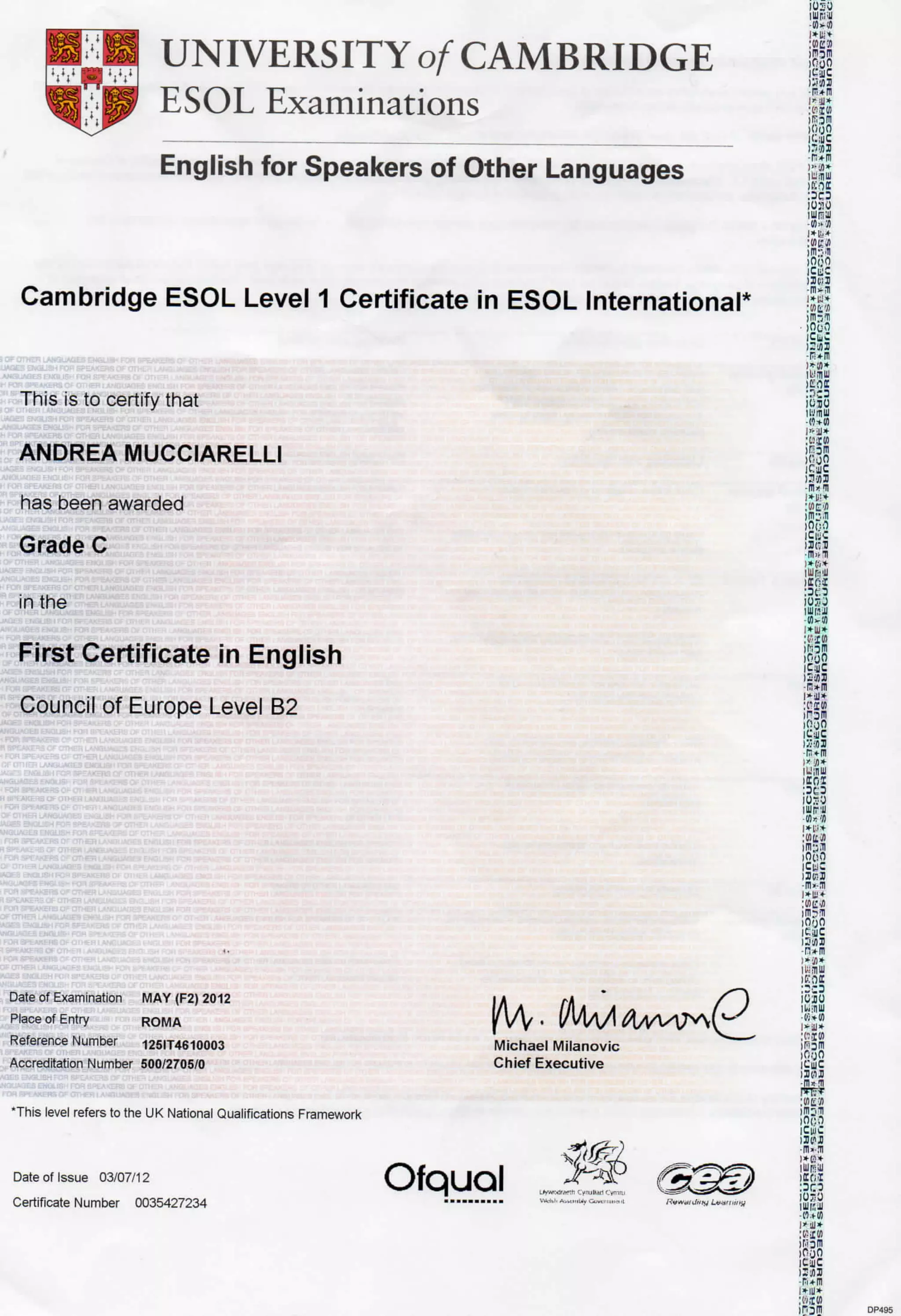 Attestato FIRST Certificate of English B2 | PDF