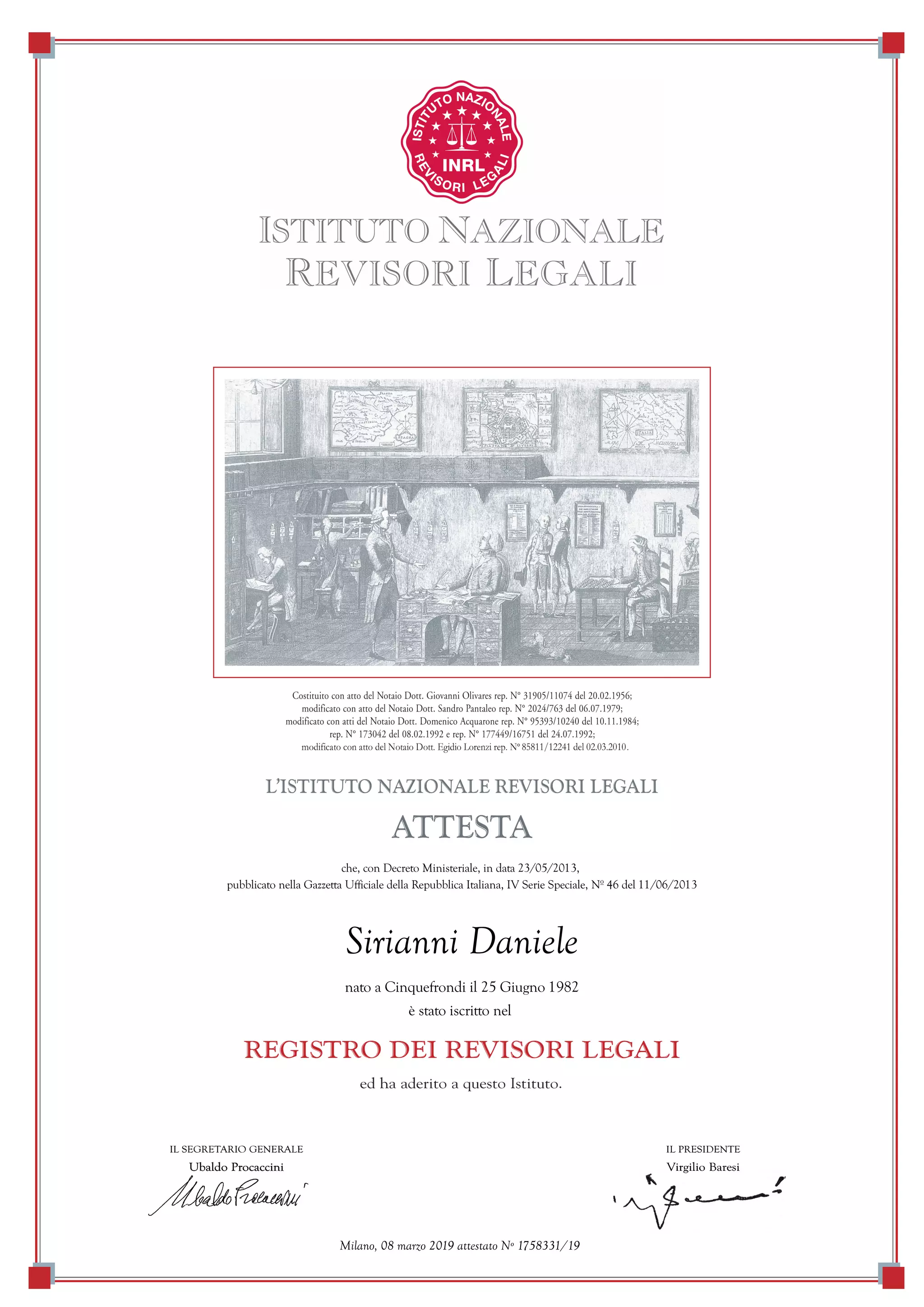 Attestato INRL Revisore Sirianni Daniele N°1758331/19 | PDF